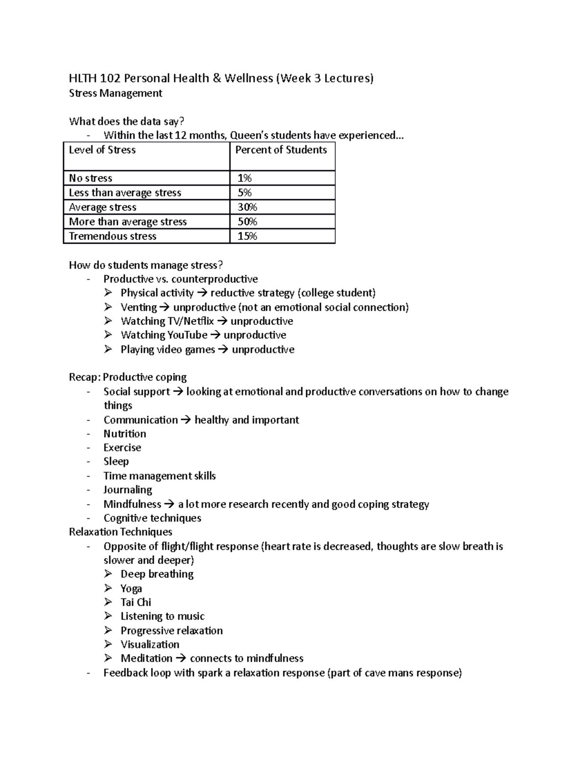 HLTH 102 Week 3 Lectures - HLTH 102 Personal Health & Wellness (Week 3 Lectures) Stress ...