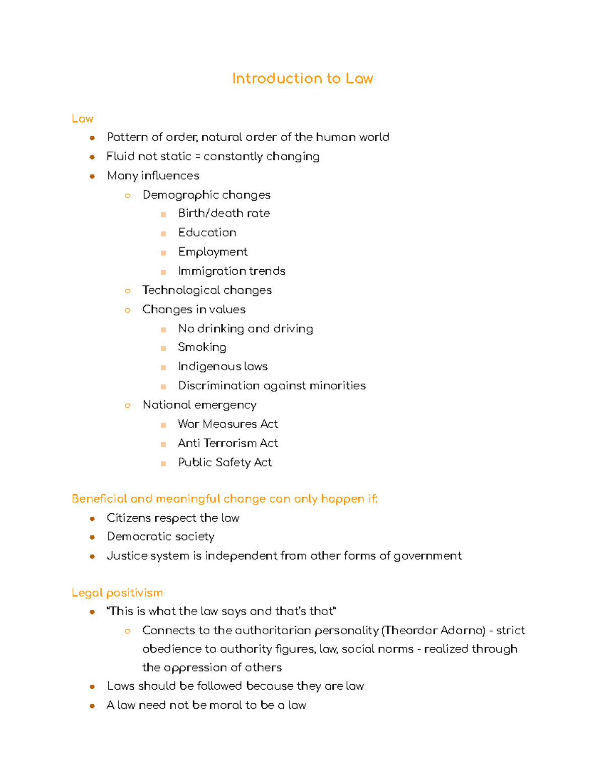 CHL3M0 Law notes - Introduction to Law Law Pattern of order, natural ...
