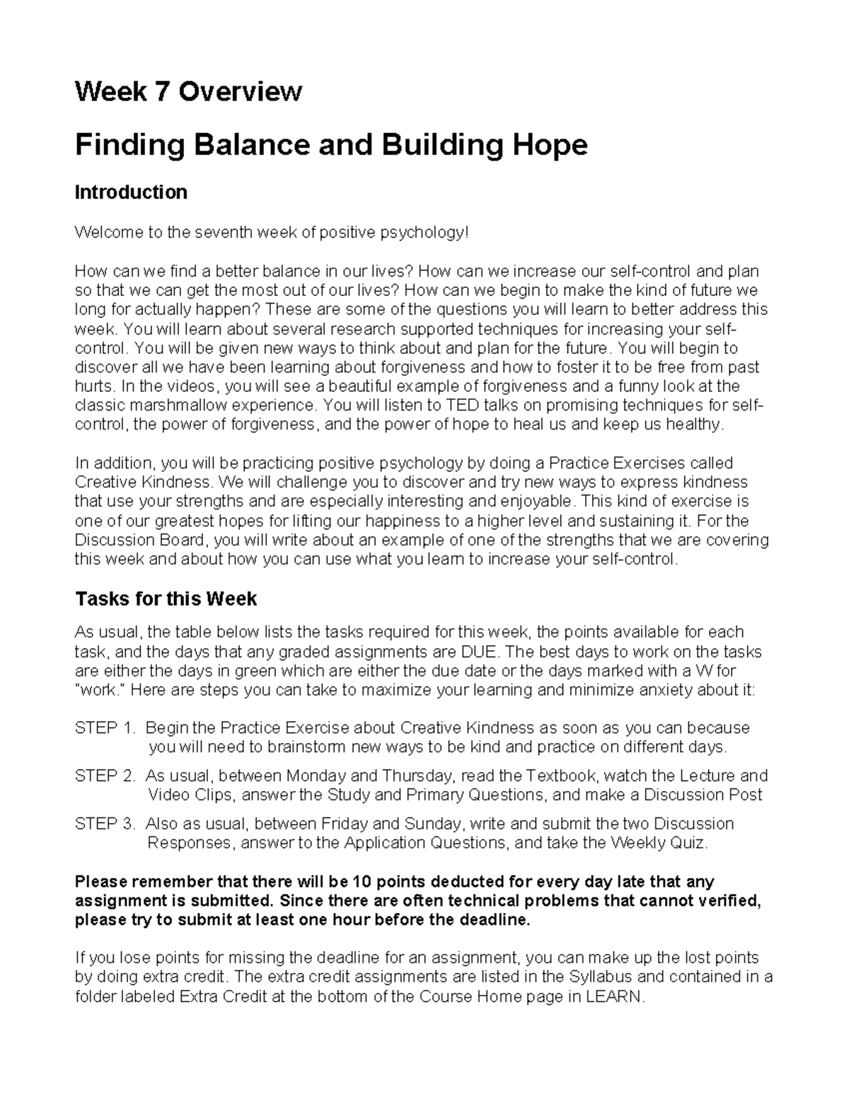 Week 7 Tasks AND Schedule - Week 7 Overview Finding Balance and Building Hope Introduction ...