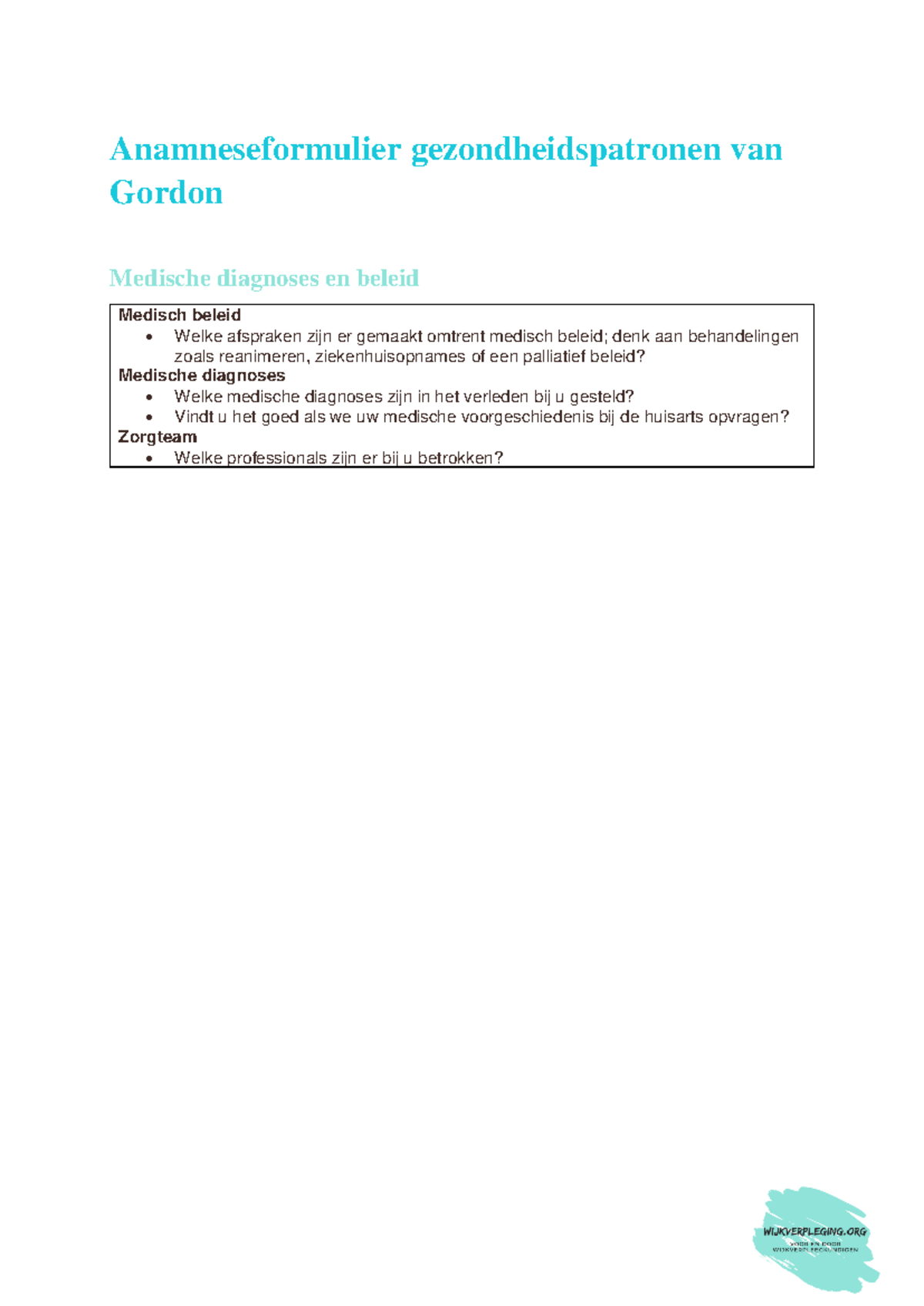 Wijkverpleging.org Anamneseformulier Gordon - Anamneseformulier ...