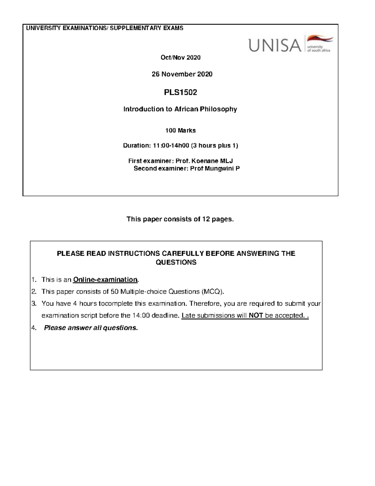 PLS1502 2020 Exam NOV - previous question paper - UNIVERSITY ...