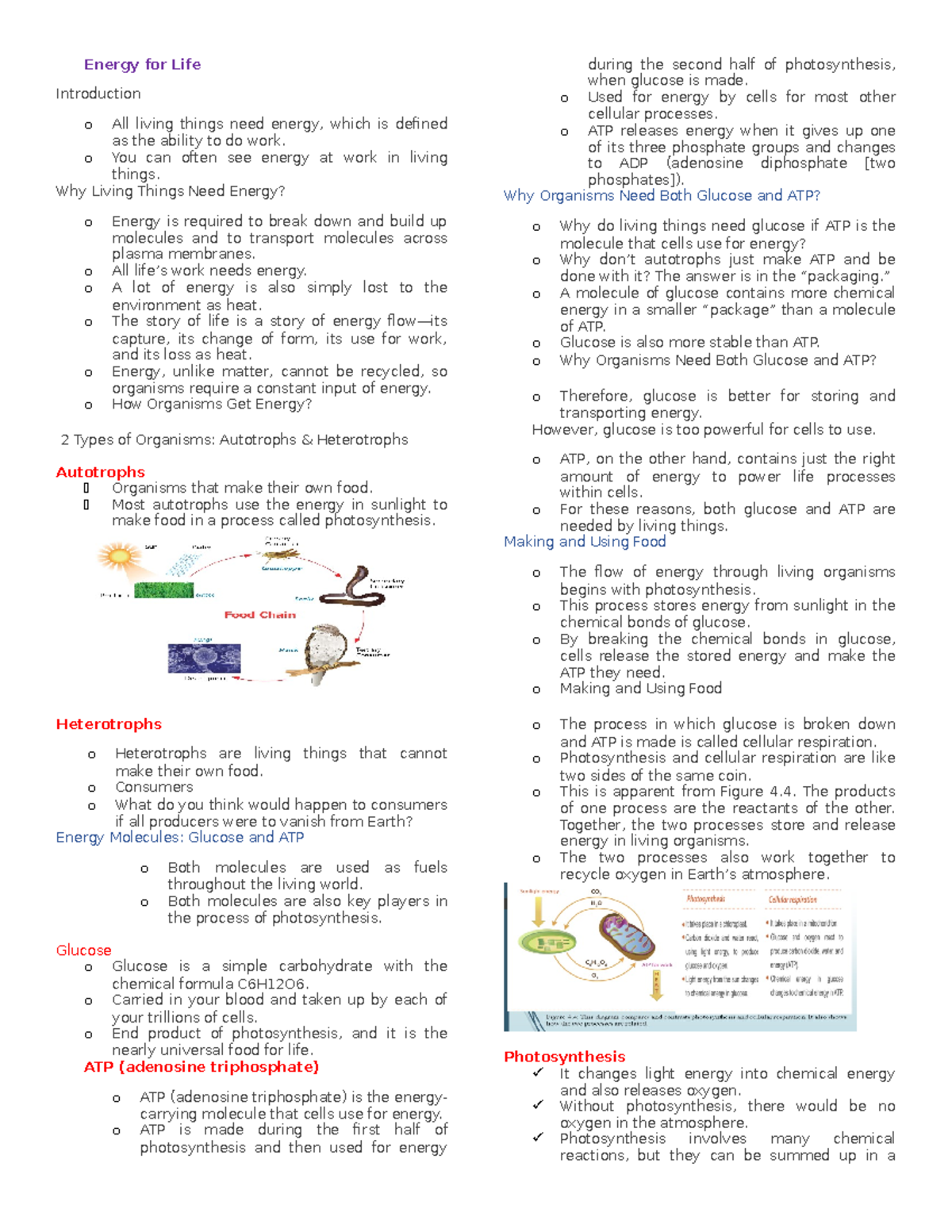 Biology Handouts - Energy for Life Introduction o All living things ...
