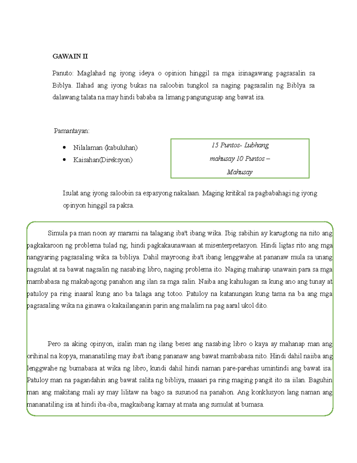Gawain-II - ideya o opinion hinggil sa mga isinagawang pagsasalin sa ...