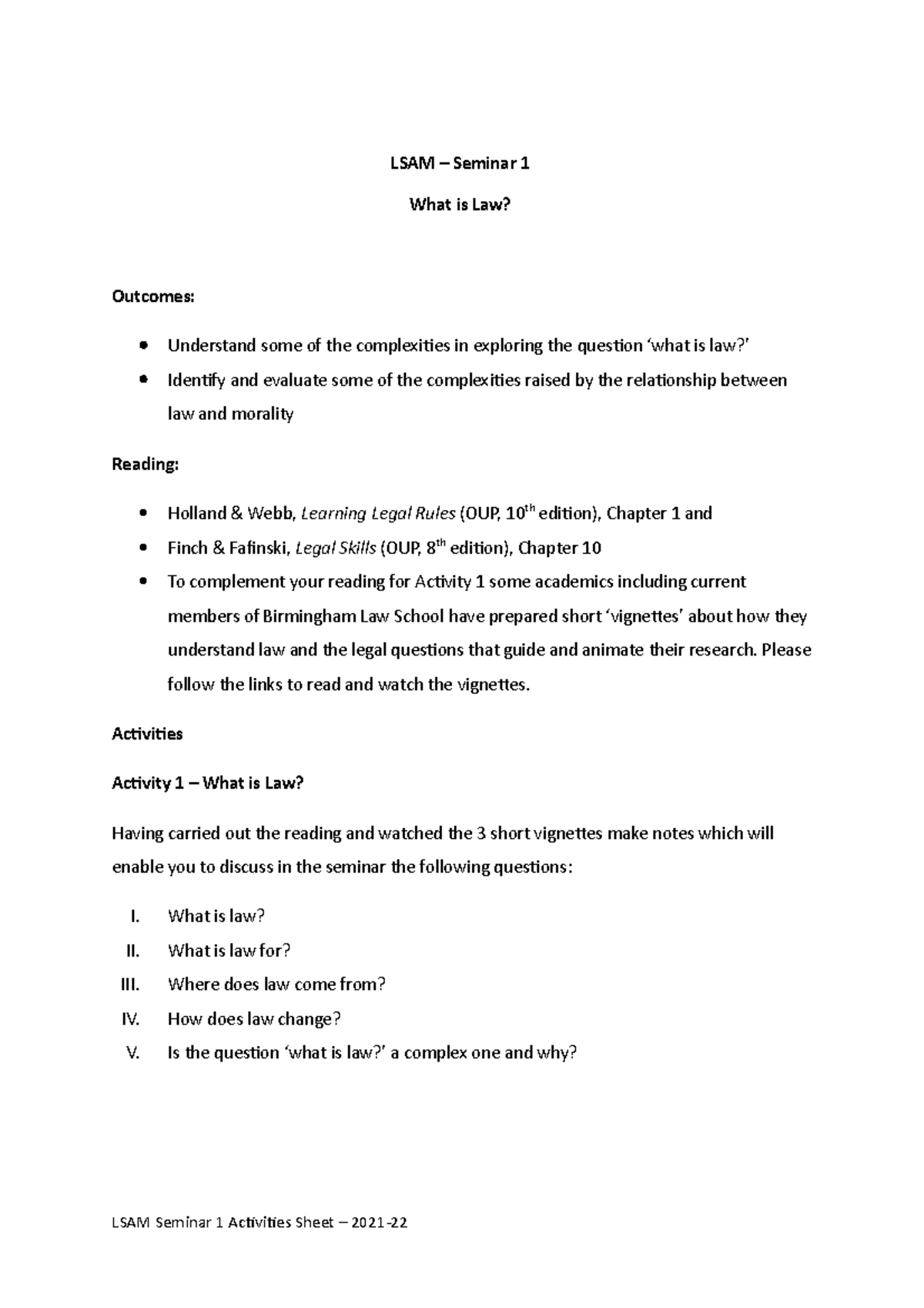 LSAM - Seminar 1 Activities - LSAM – Seminar 1 What is Law? Outcomes ...