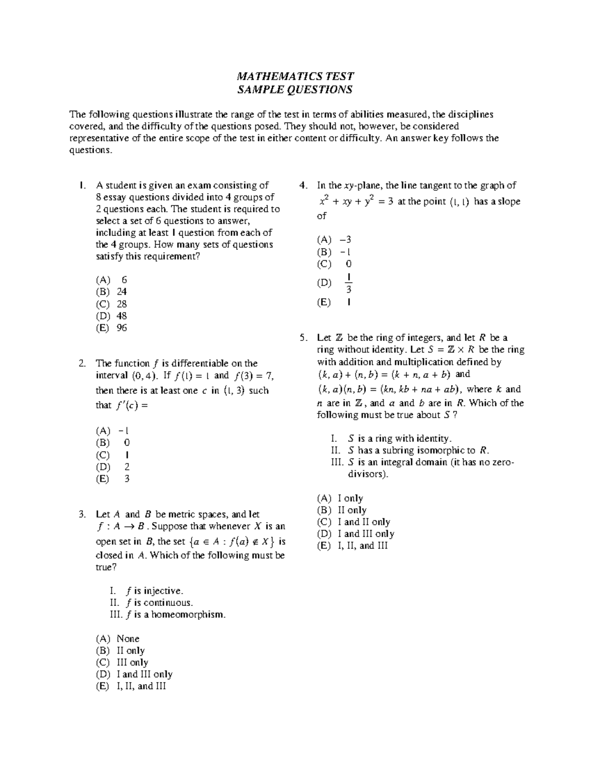 Mft math II - No information - MATHEMATICS TEST SAMPLE QUESTIONS The ...
