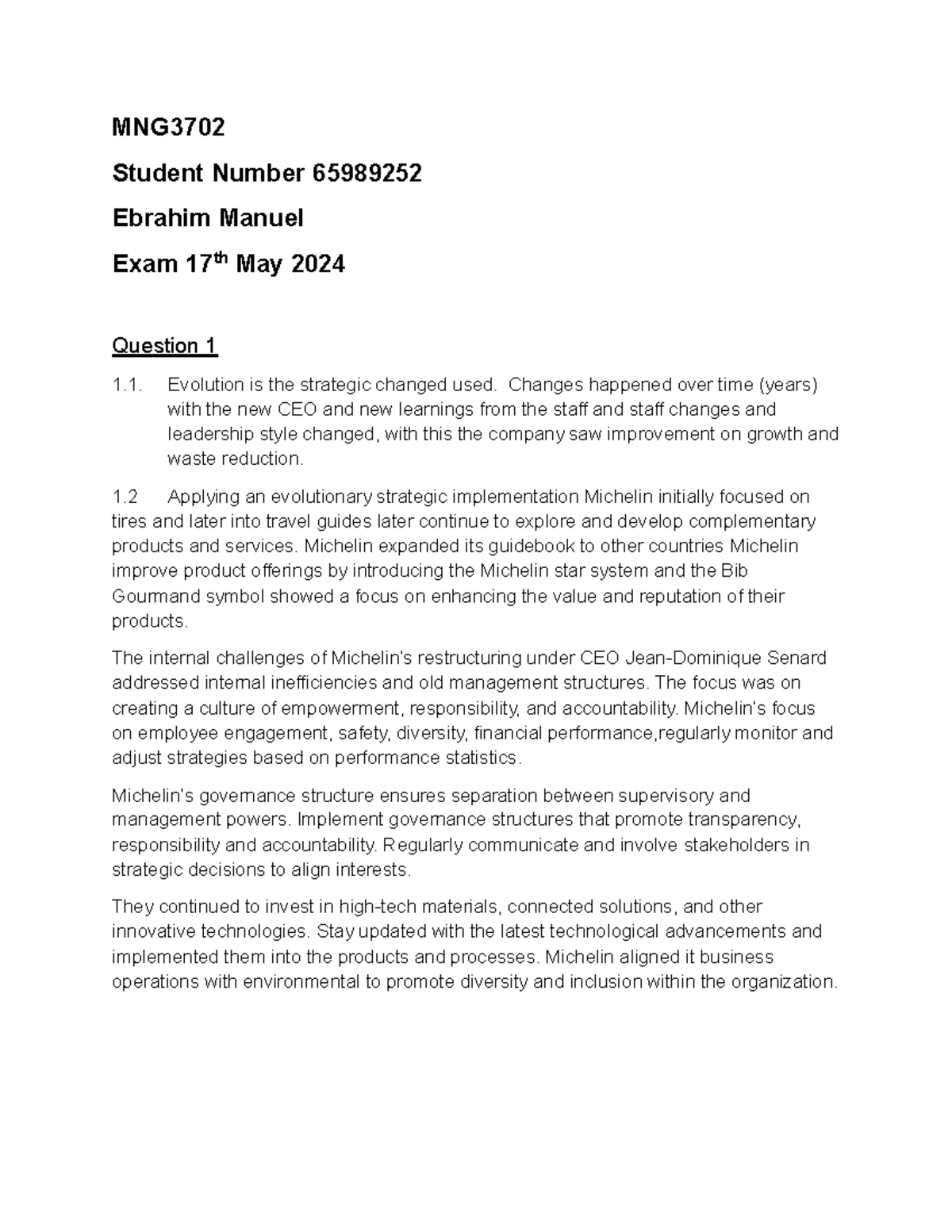 Exam MNG3702 - MNG Student Number 65989252 Ebrahim Manuel Exam 17th May ...