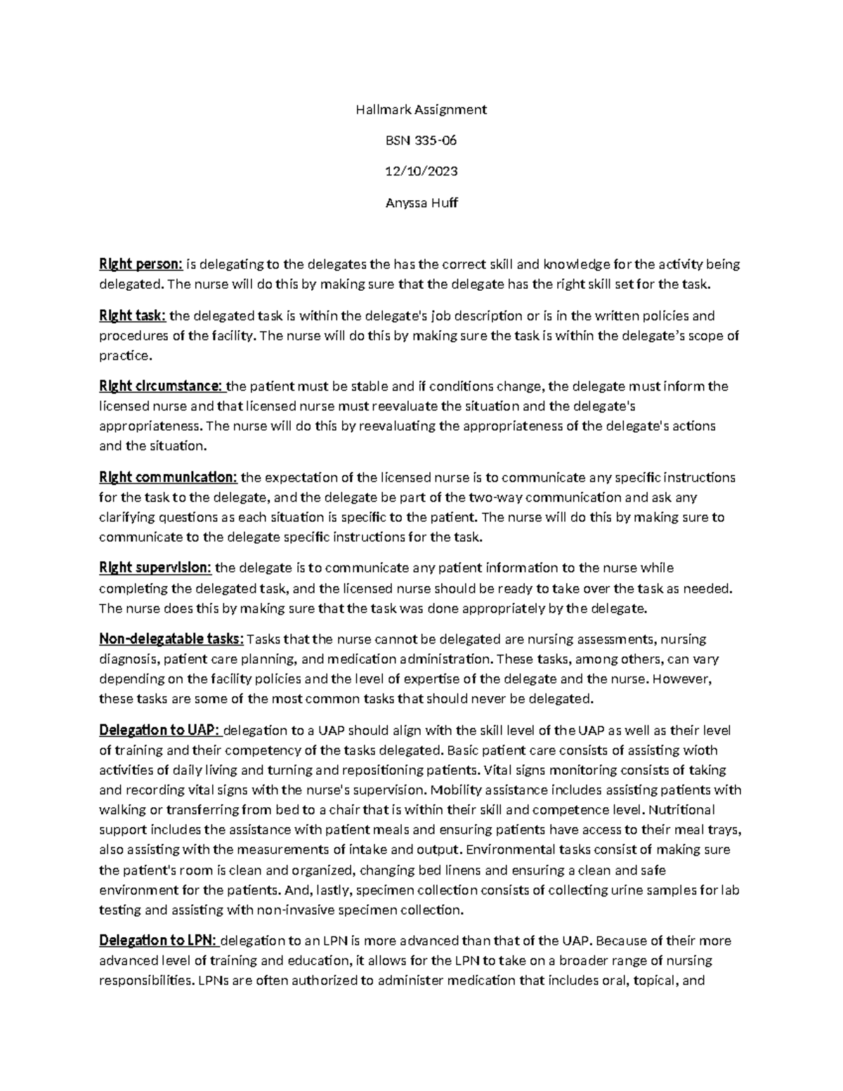 Hallmark Assignment 5 right - Hallmark Assignment BSN 335- 12/10 ...