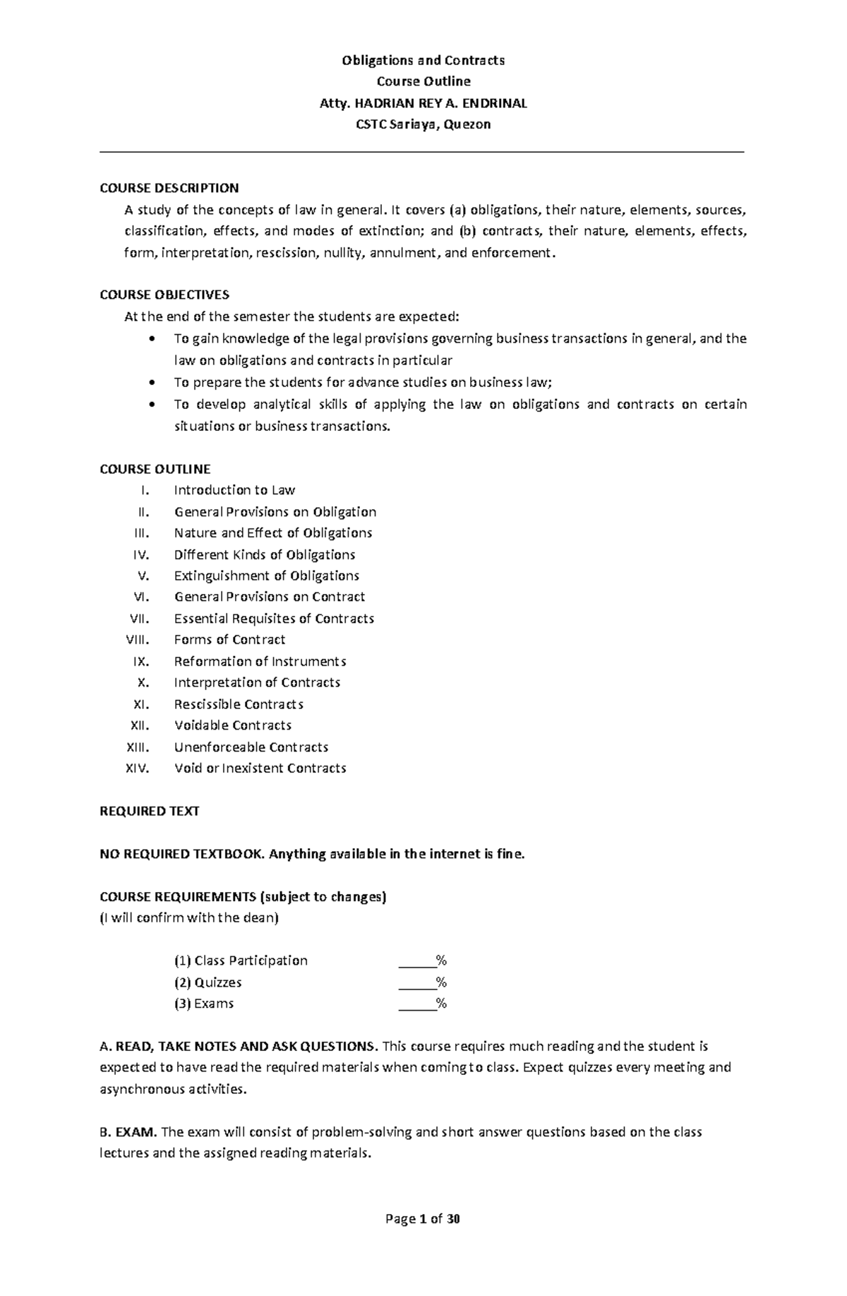 Oblicon- Syllabus - Course Outline Atty. HADRIAN REY A. ENDRINAL CSTC ...