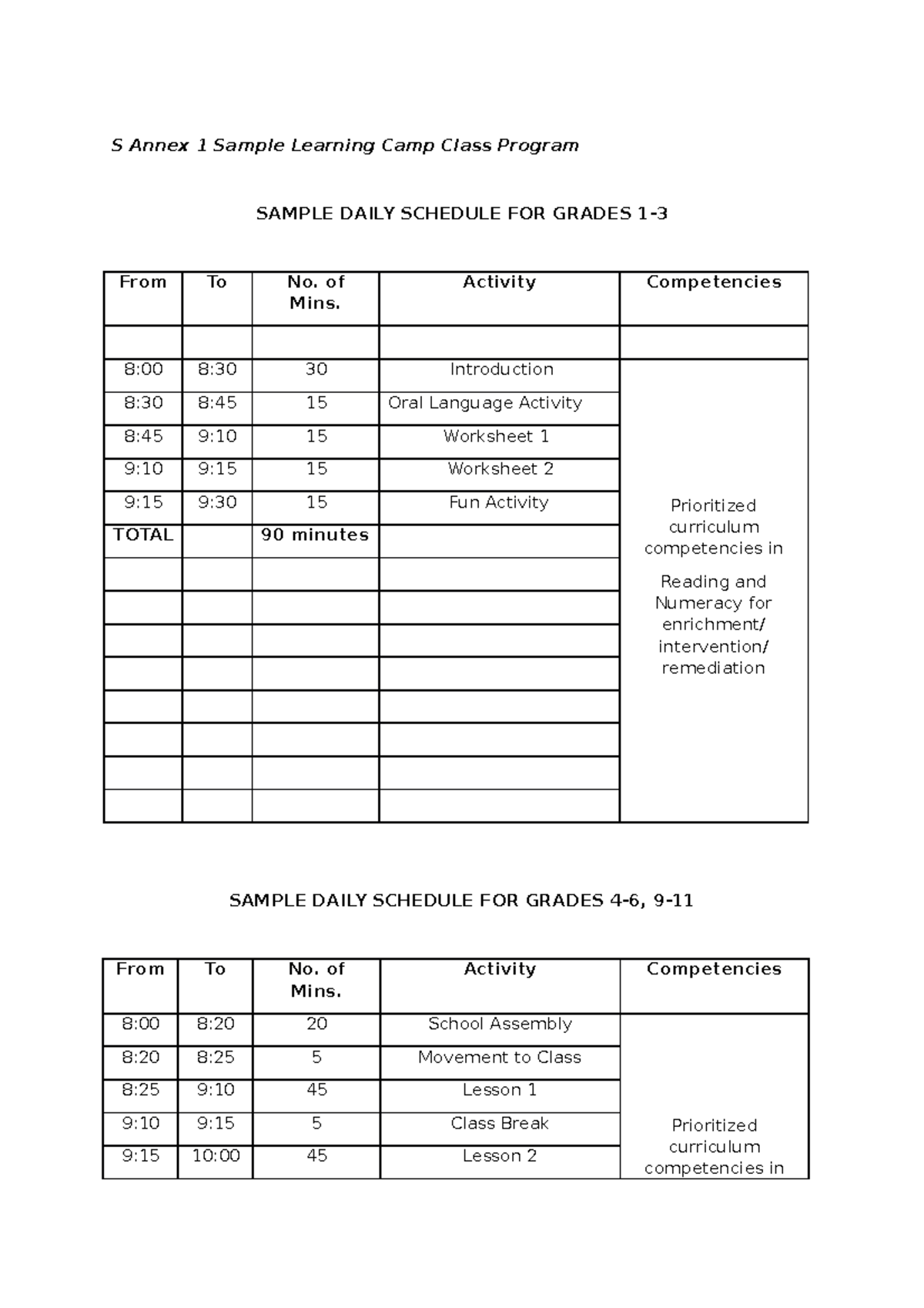 Annex 1 Sample Class Program 1 S Annex 1 Sample Learning Camp Class