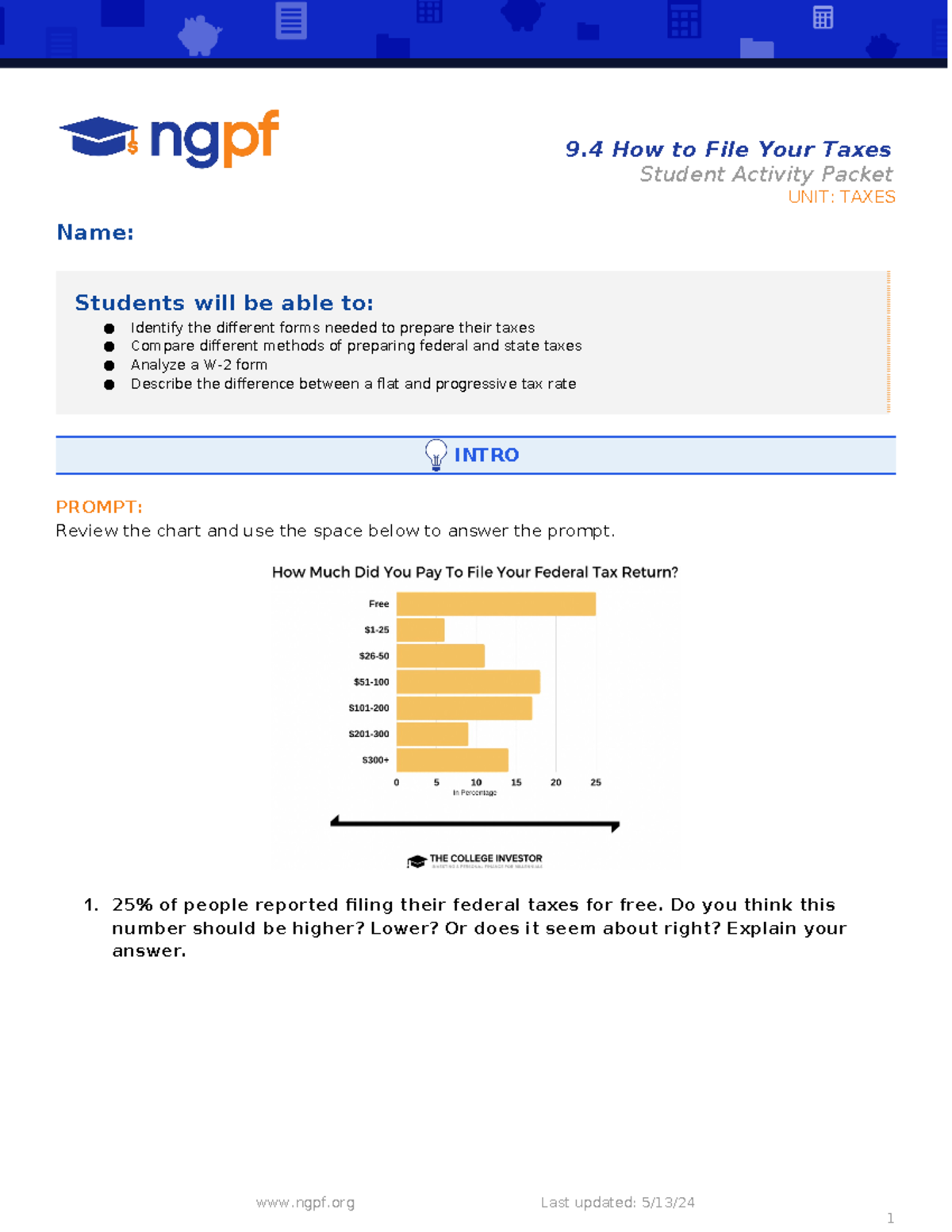 HS-SAP+9 - 9 How to File Your Taxes Student Activity Packet UNIT: TAXES ...