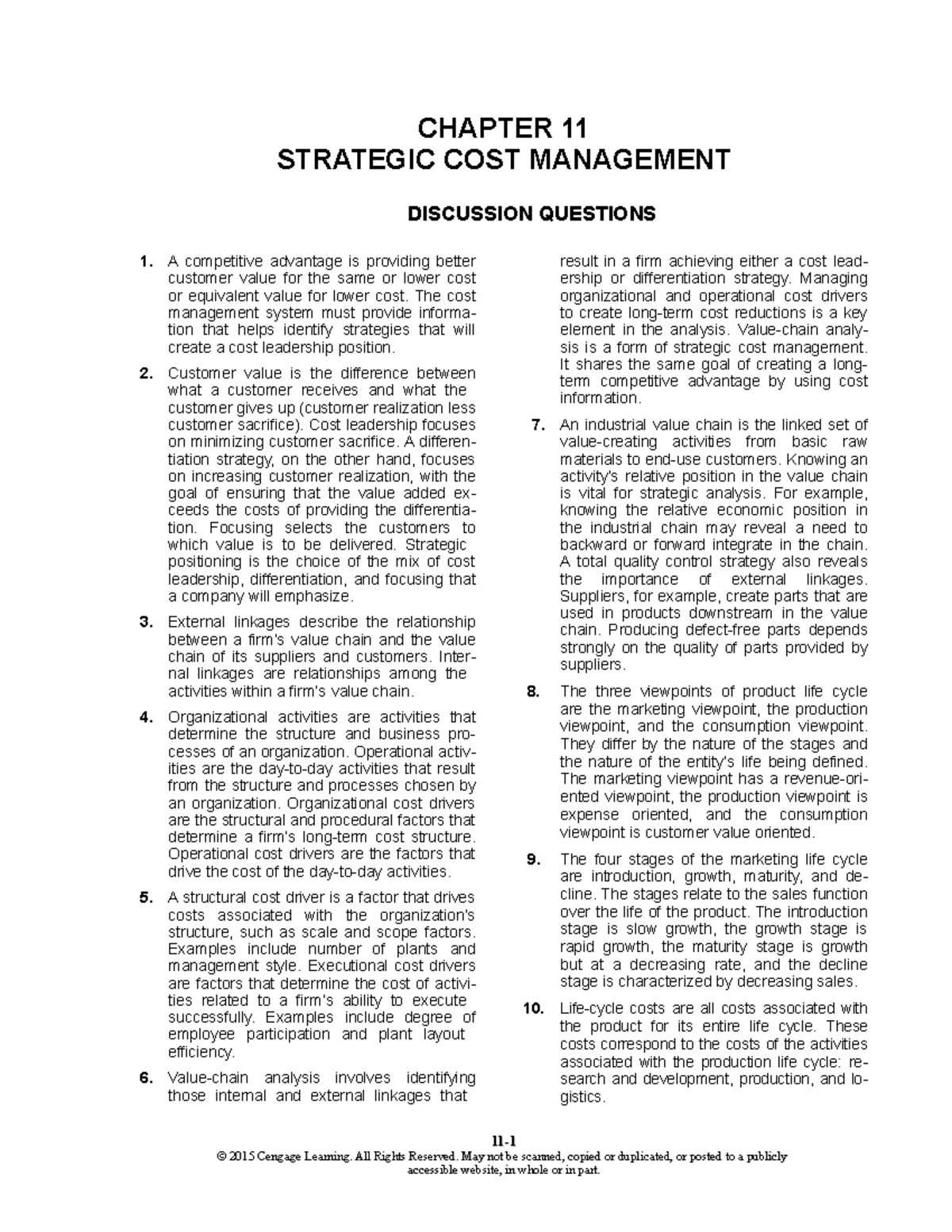Chapter 11: Strategic Cost Management - CHAPTER 11 STRATEGIC COST MANAGEMENT DISCUSSION ...