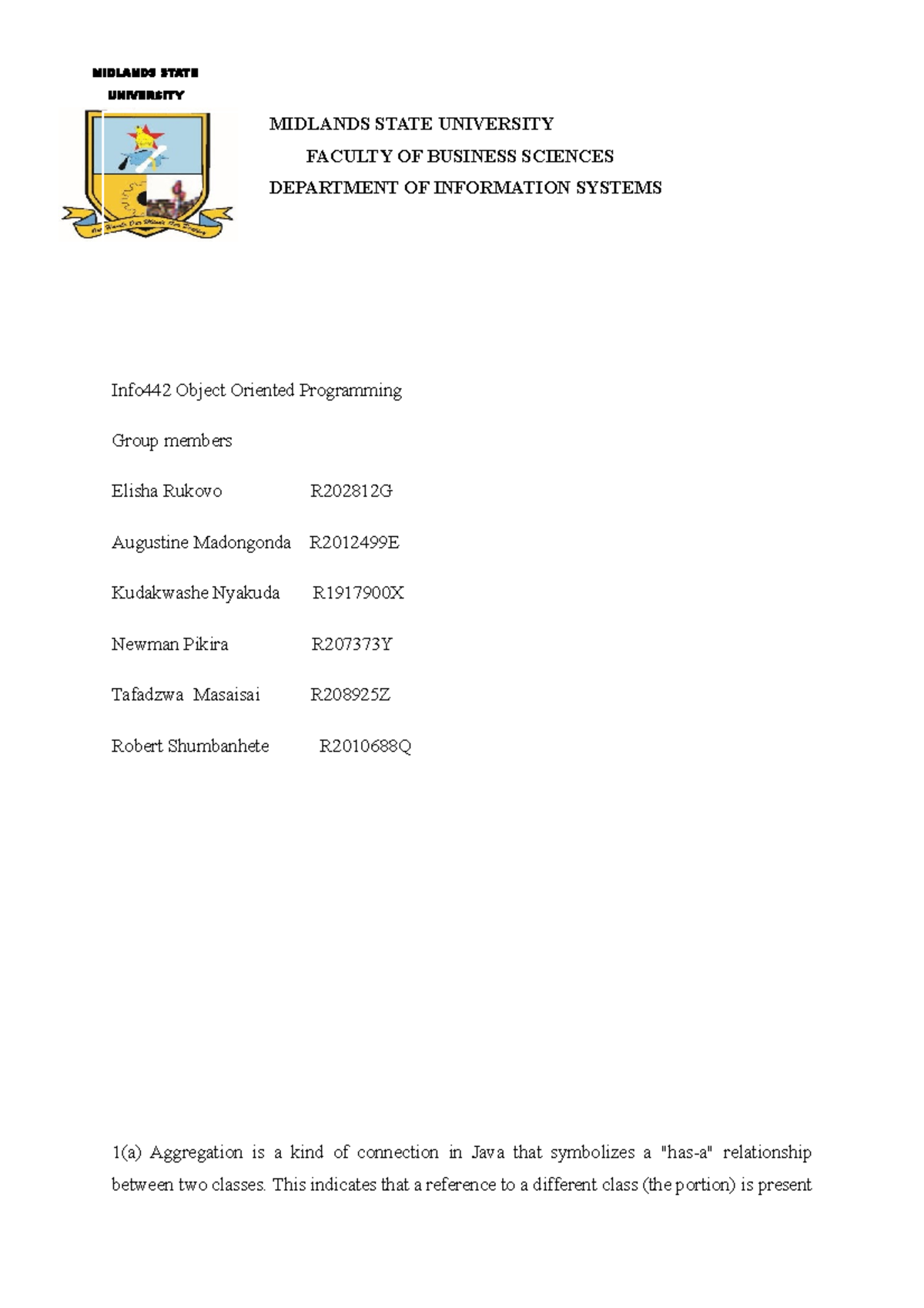 OOP Assignment - MIDLANDS STATE UNIVERSITY MIDLANDS STATE UNIVERSITY FACULTY OF BUSINESS ...