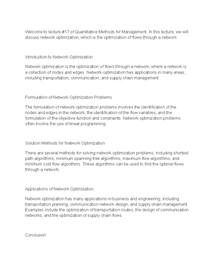 Lecture #21 Network Models - Welcome to lecture #21 of Quantitative Methods for Management. In ...