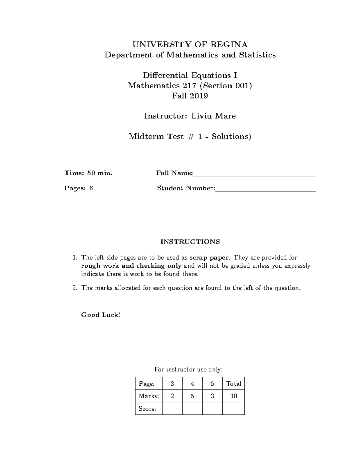 Midterm 1 Solutions - differential equations - UNIVERSITY OF REGINA ...