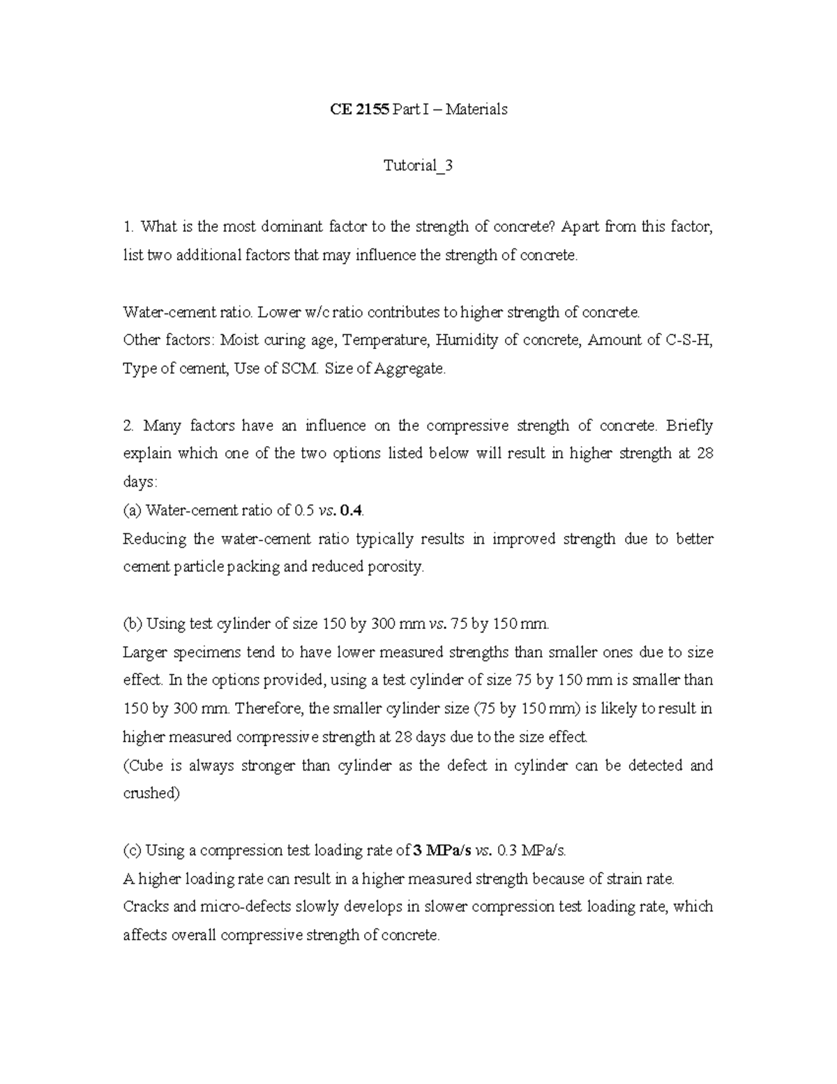 CE2155 tutorial 3 - CE 2155 Part I – Materials Tutorial_ What is the most dominant factor to the ...