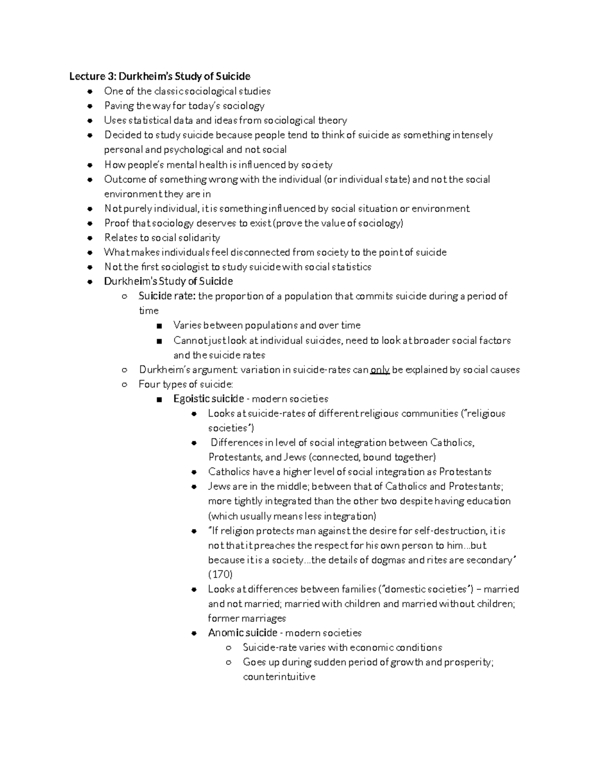 Sociology 3000 Lectures 3-4 - Lecture 3: Durkheim’s Study of Suicide One of the classic - Studocu