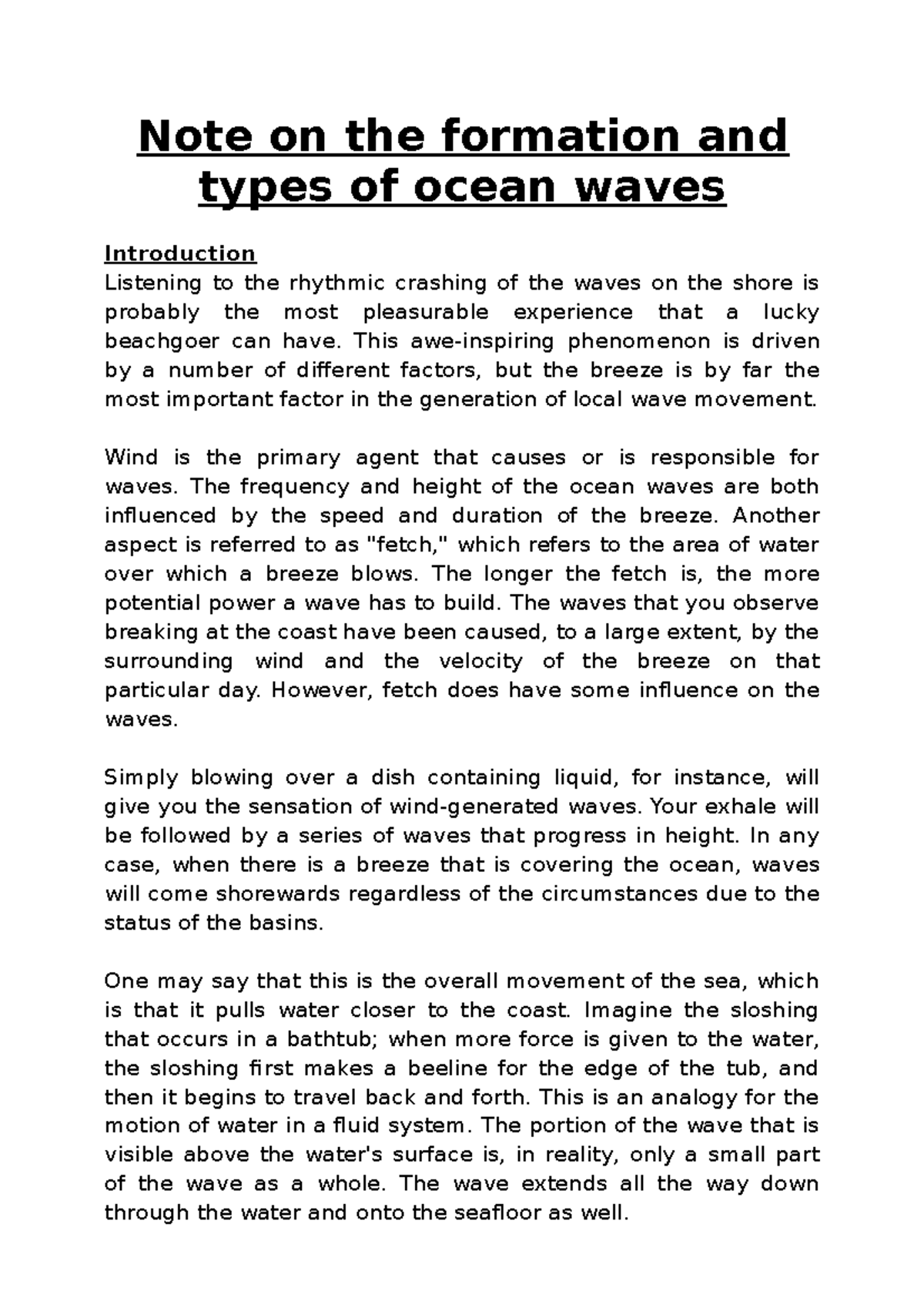 Note on the formation and types of ocean waves - Note on the formation ...