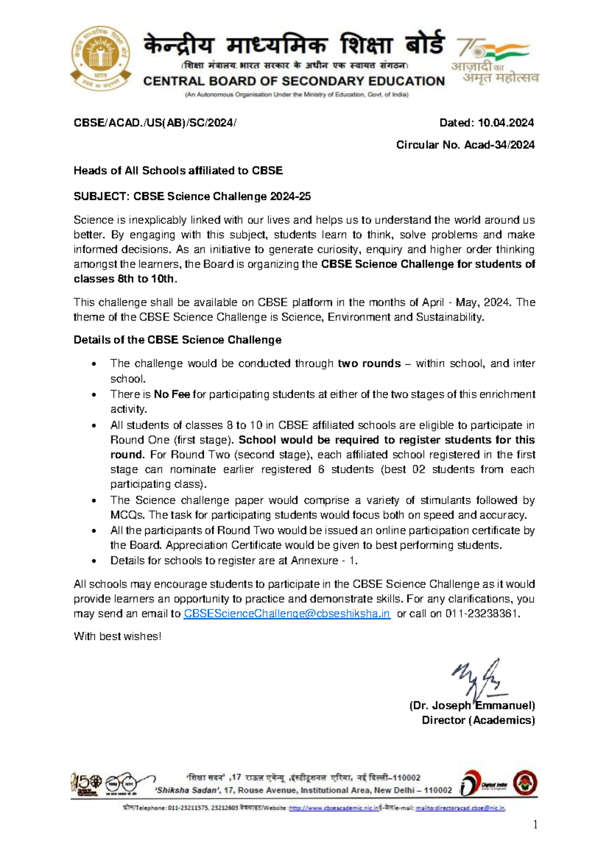 34 Circular 2024 - Whejwjwj - CBSE/ACAD./US(AB)/SC/2024/ Dated: 10 ...