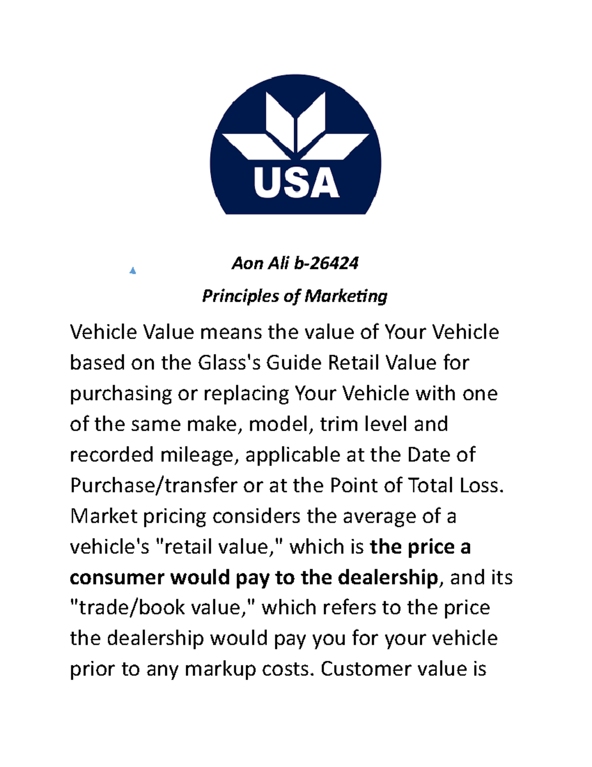 Maths - I want - Aon Ali b- Principles of Marketing Vehicle Value means ...