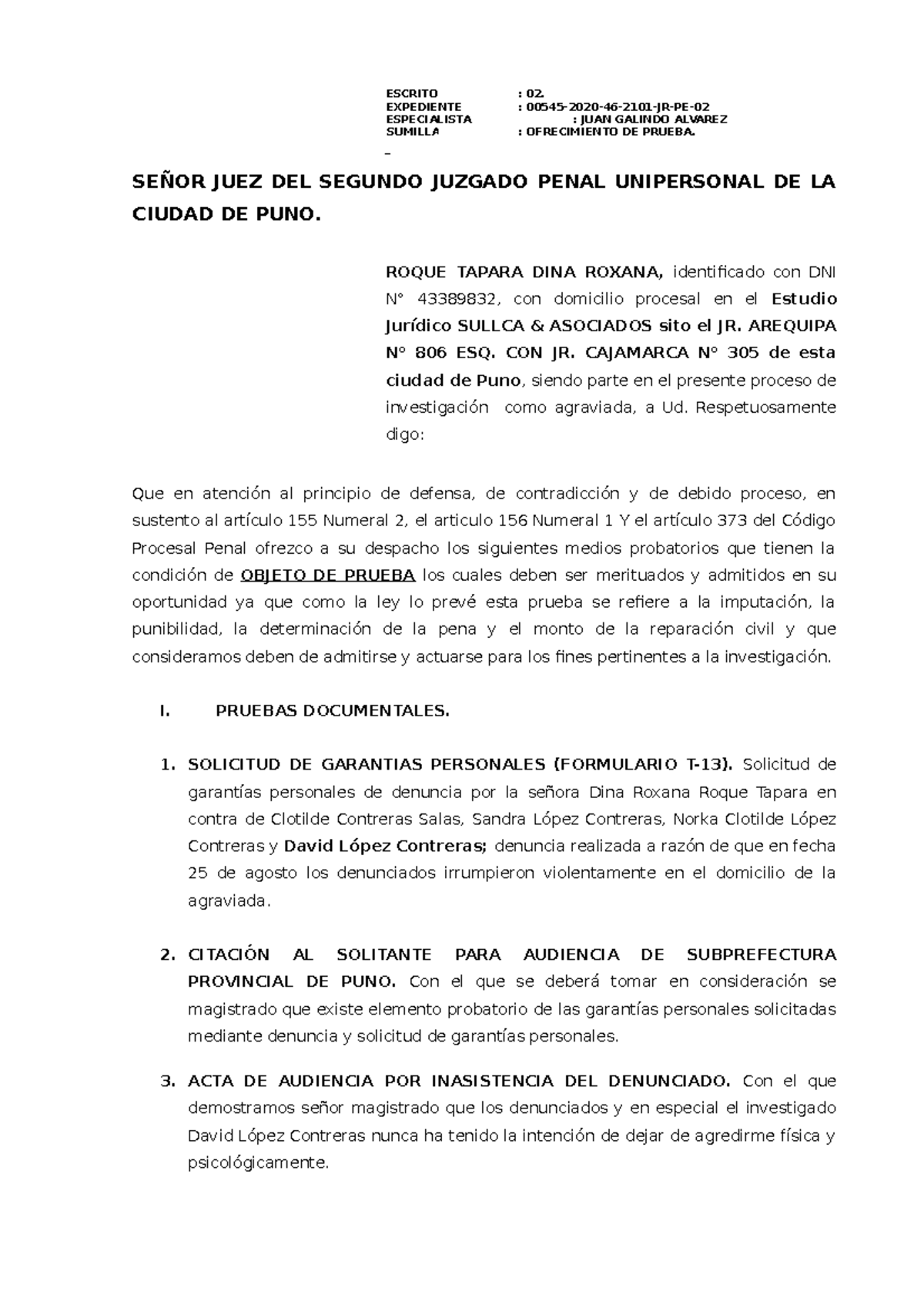 Presento Medios Probatorios - ESCRITO : 02. EXPEDIENTEESPECIALISTA ...