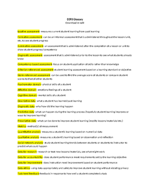D293 OA Notes for Test - Types of Assessment Formative Assessment ...