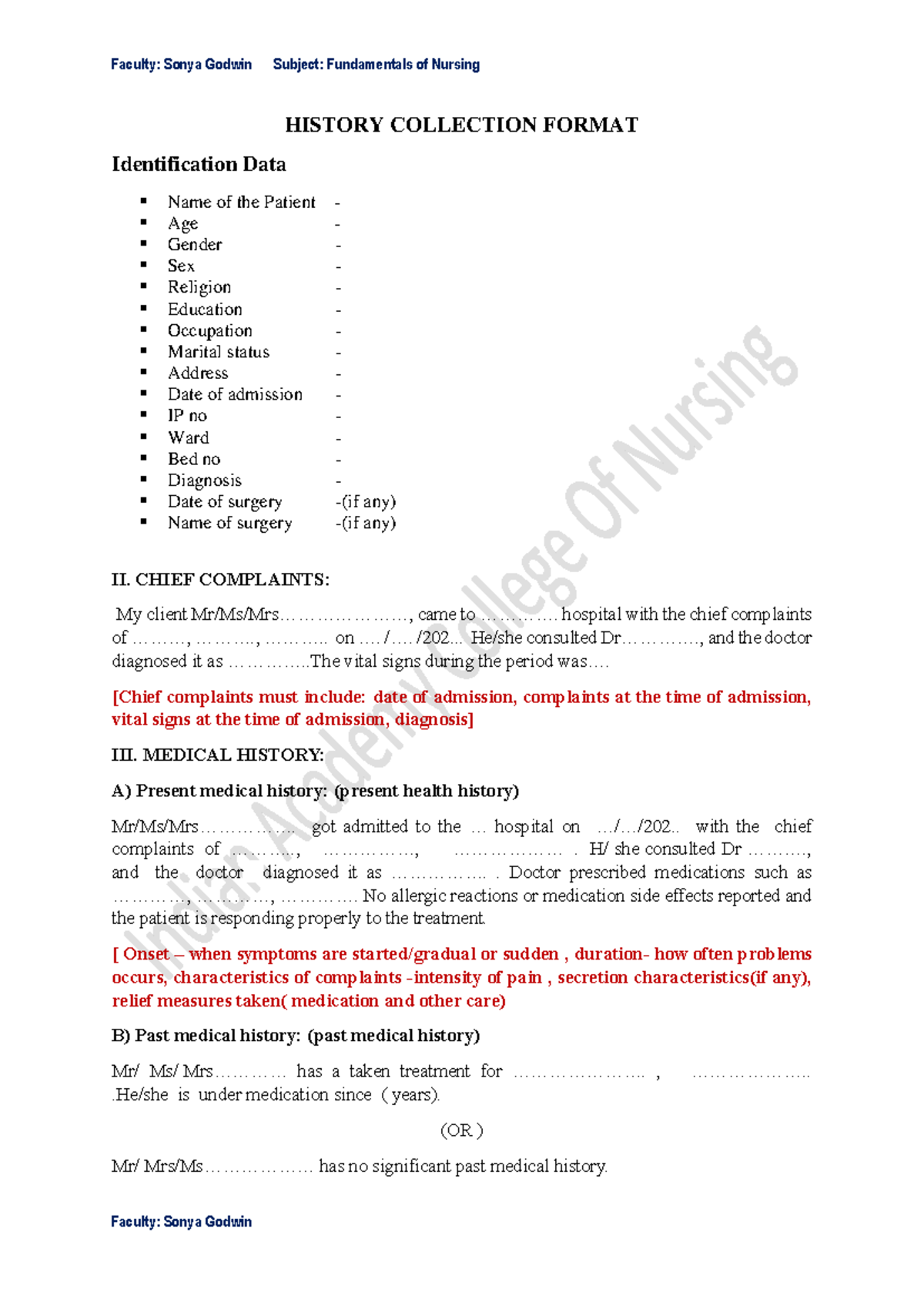 History collection format - Faculty: Sonya Godwin Subject: Fundamentals ...