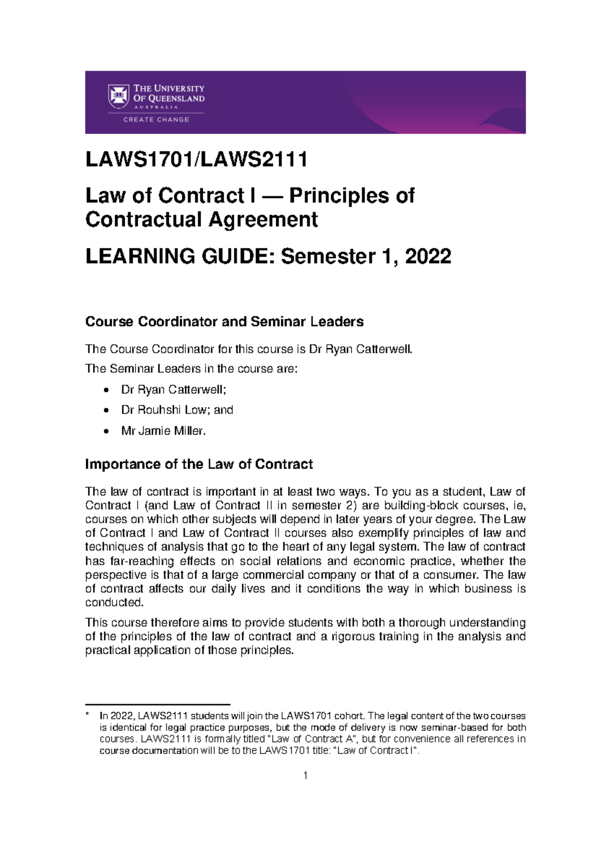 LAWS 1701 2111 Law of Contract I 2022 Learning Guide - LAWS1701/LAWS211 1 Law of Contract I ...