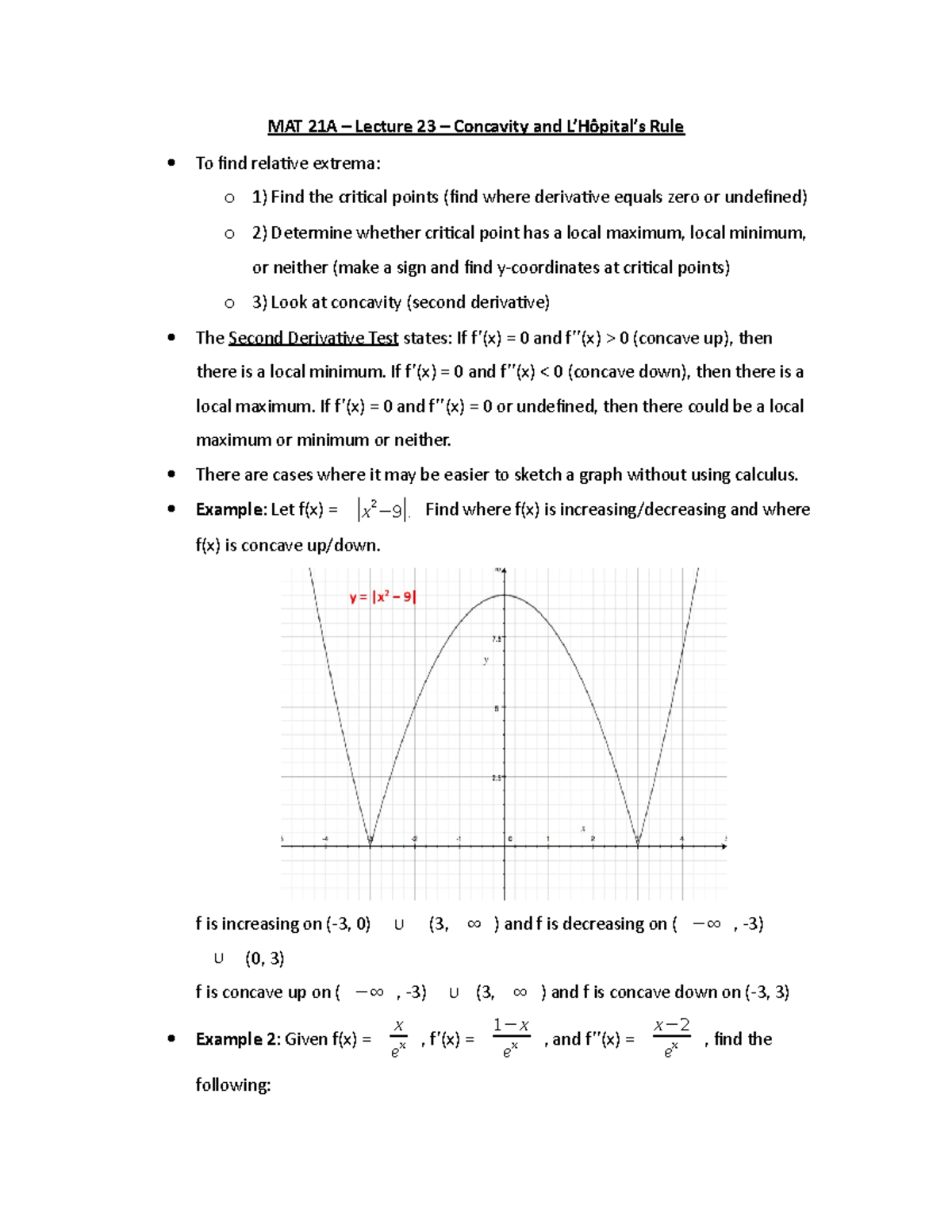 MAT 21A – Lecture 23 – Concavity and L’Hôpital’s Rule - MAT 21A Lecture ...