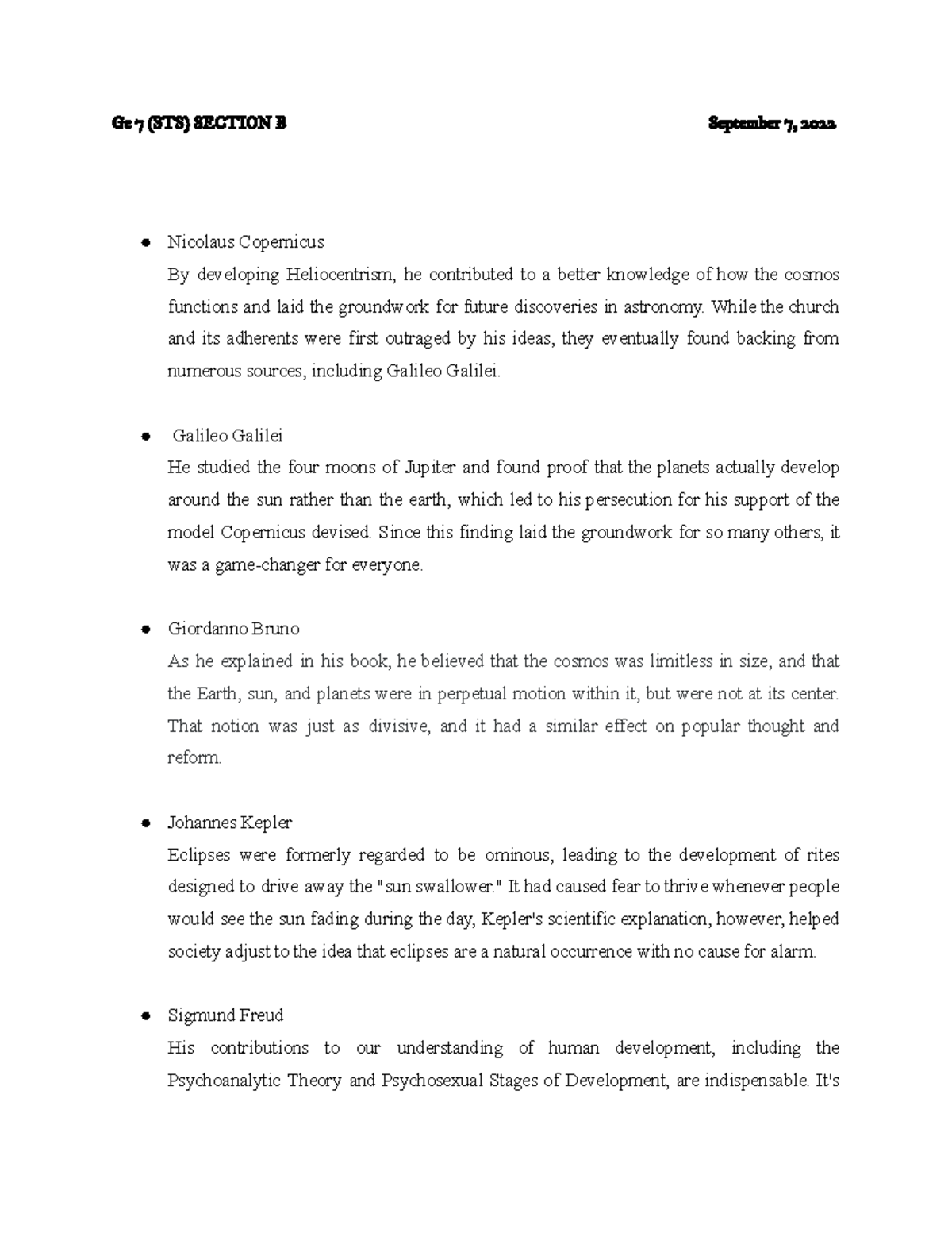 Intellectual Revolution - Ge 7 (STS) SECTION B September 7, 2022 ...