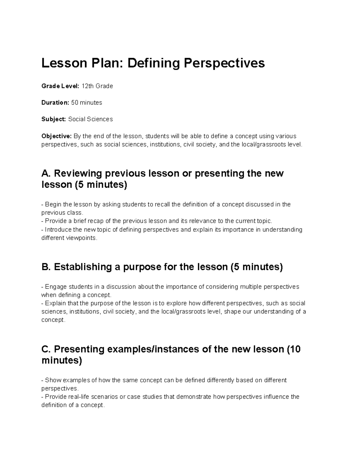 12 - Lesson Plan W2 - read - Lesson Plan: Defining Perspectives Grade ...