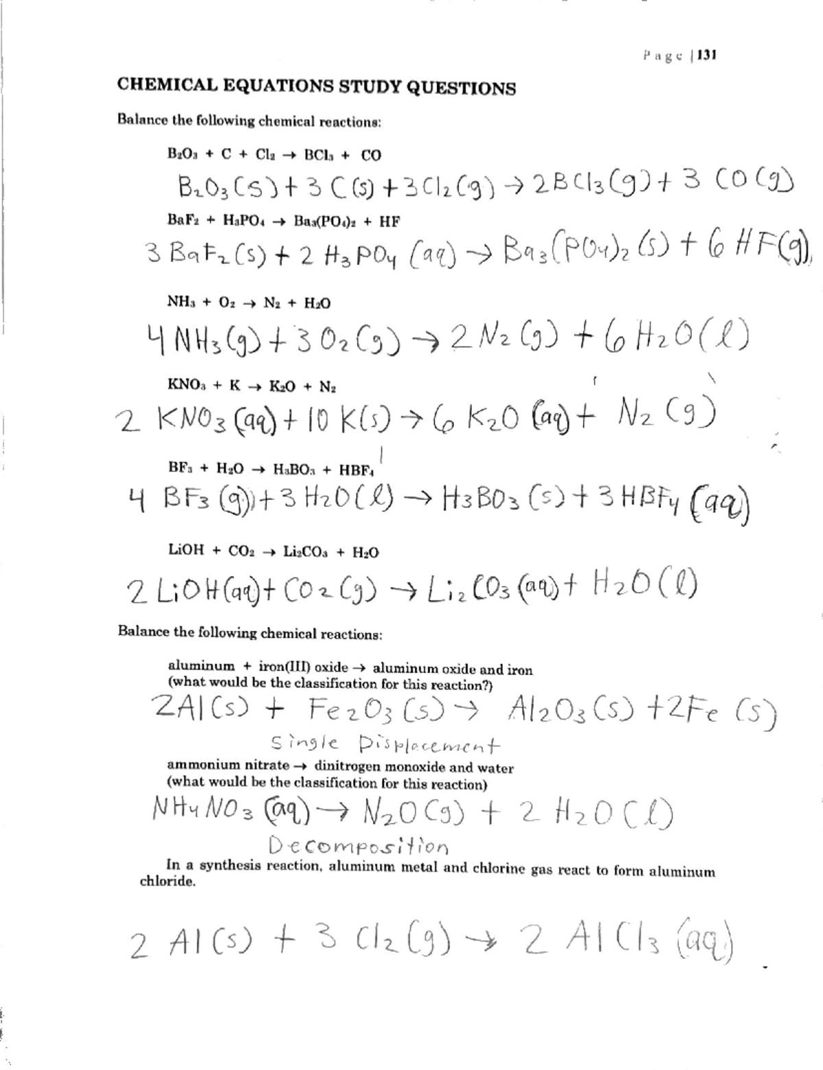 Exp 9 - Chemical Equations Study Questions - Studocu