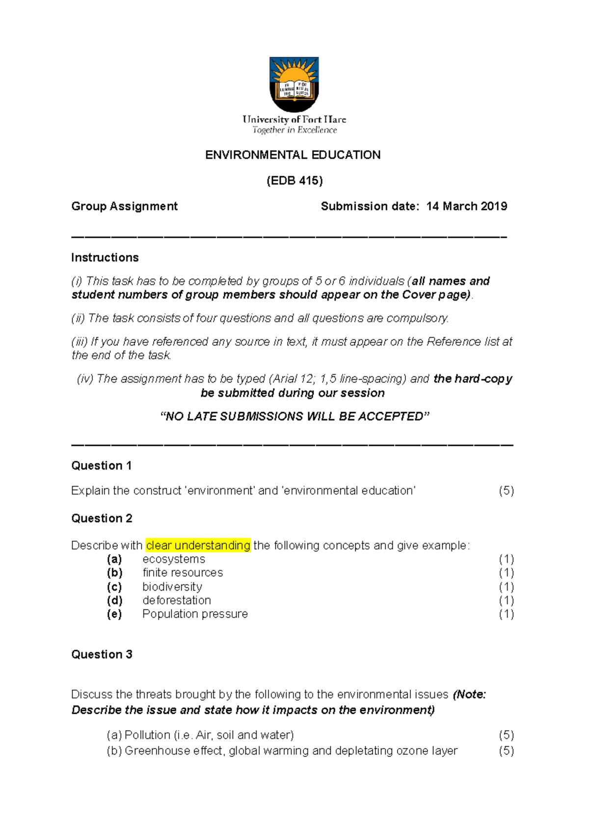 Environmental Education Assignment 1 - ENVIRONMENTAL EDUCATION (EDB 415 ...
