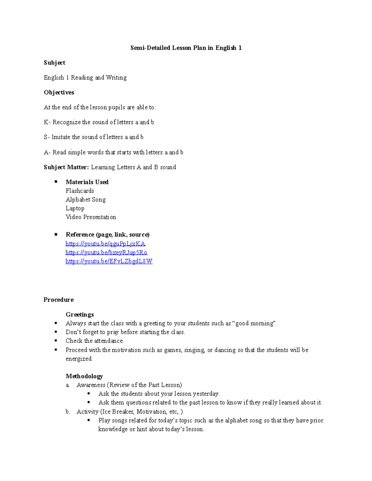 Assure Model Lesson PLAN - Semi-Detailed Lesson Plan in English 1 ...
