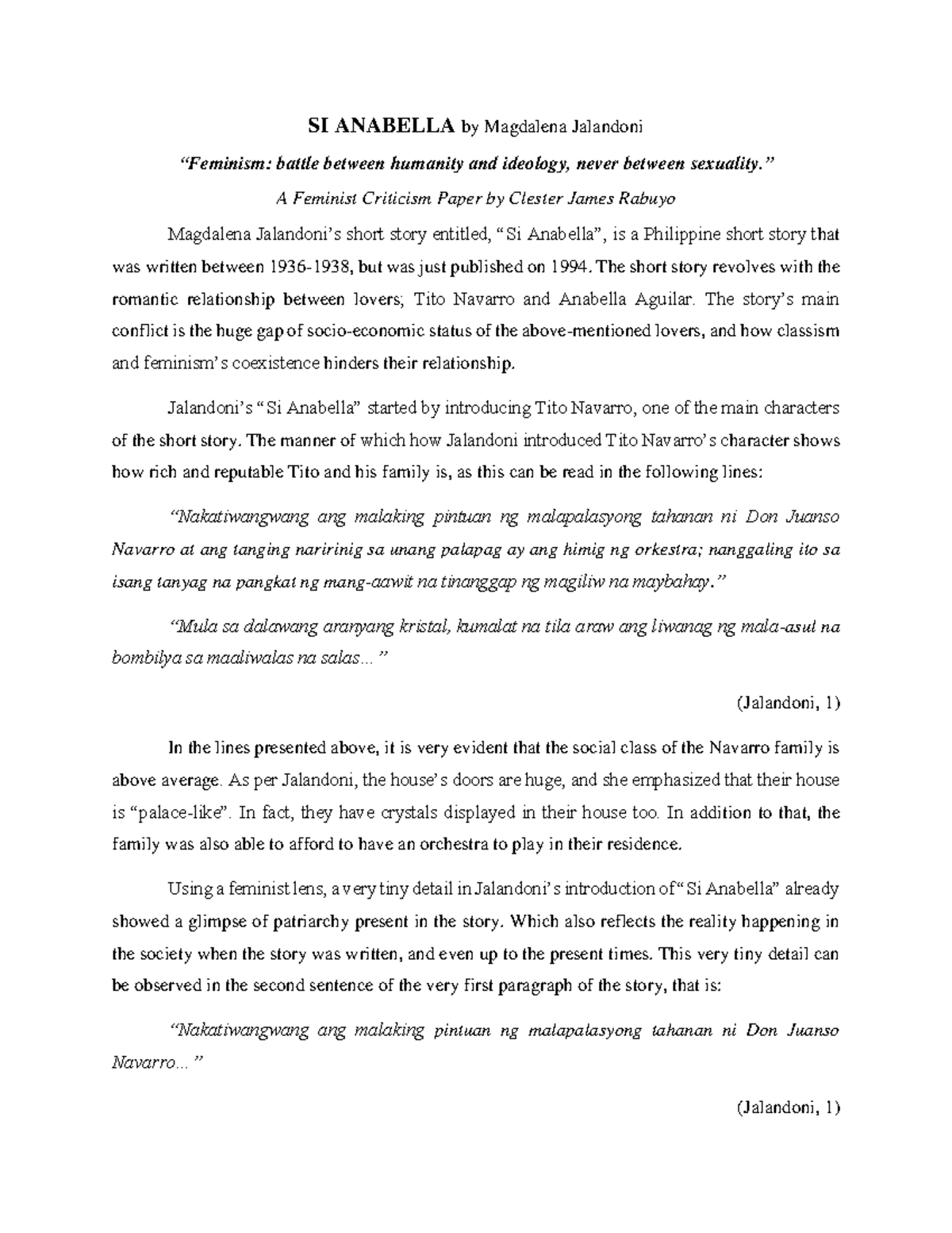 Si Anabella - A Feminist Criticim Paper - SI ANABELLA by Magdalena ...
