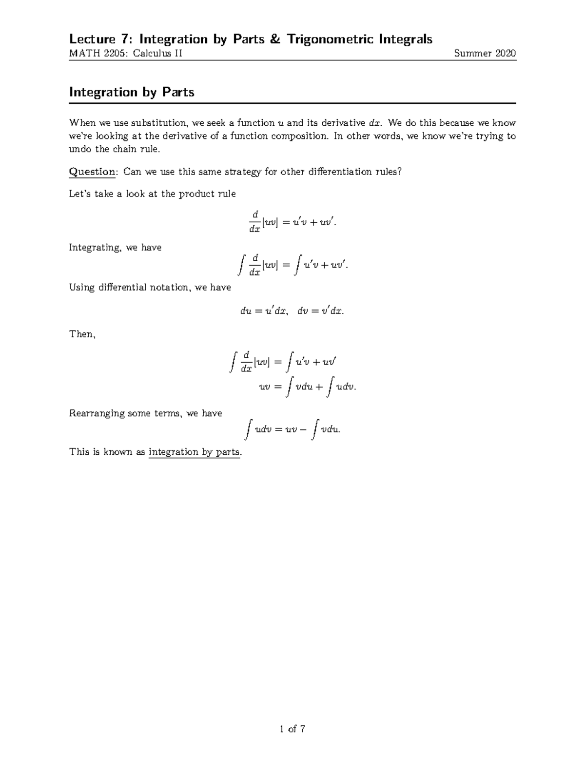 L07 - IBP and Trig Integration - Lecture 7: Integration by Parts ...