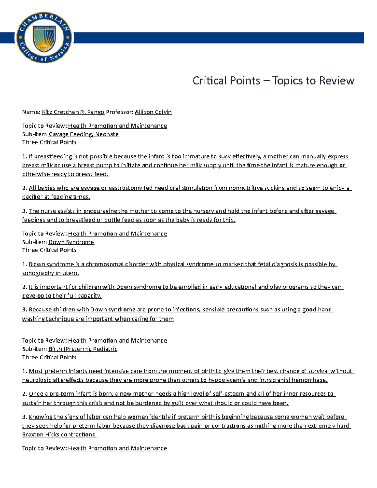 Critical Points Health Promotion - NR 324/NR325 Adult Health Nursing ...