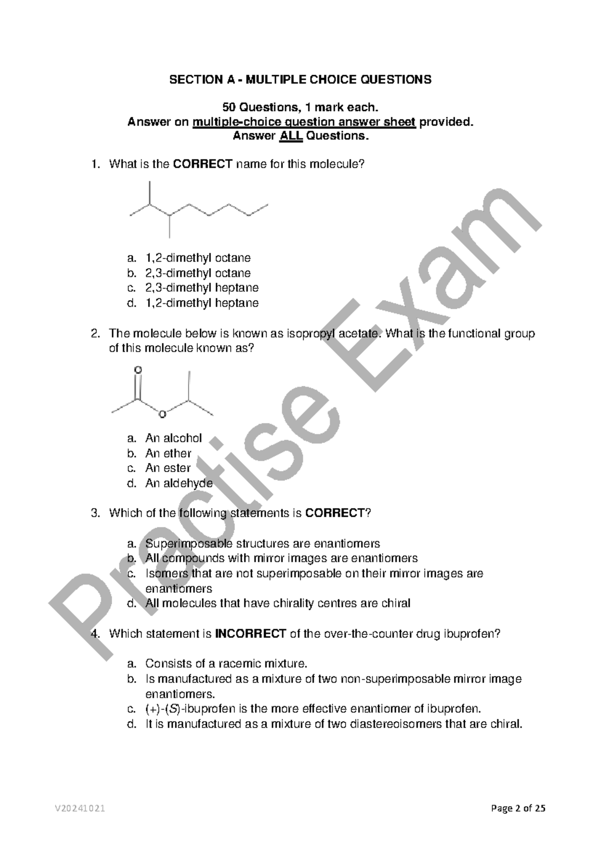 Biochem paper - SECTION A - MULTIPLE CHOICE QUESTIONS 50 Questions, 1 ...