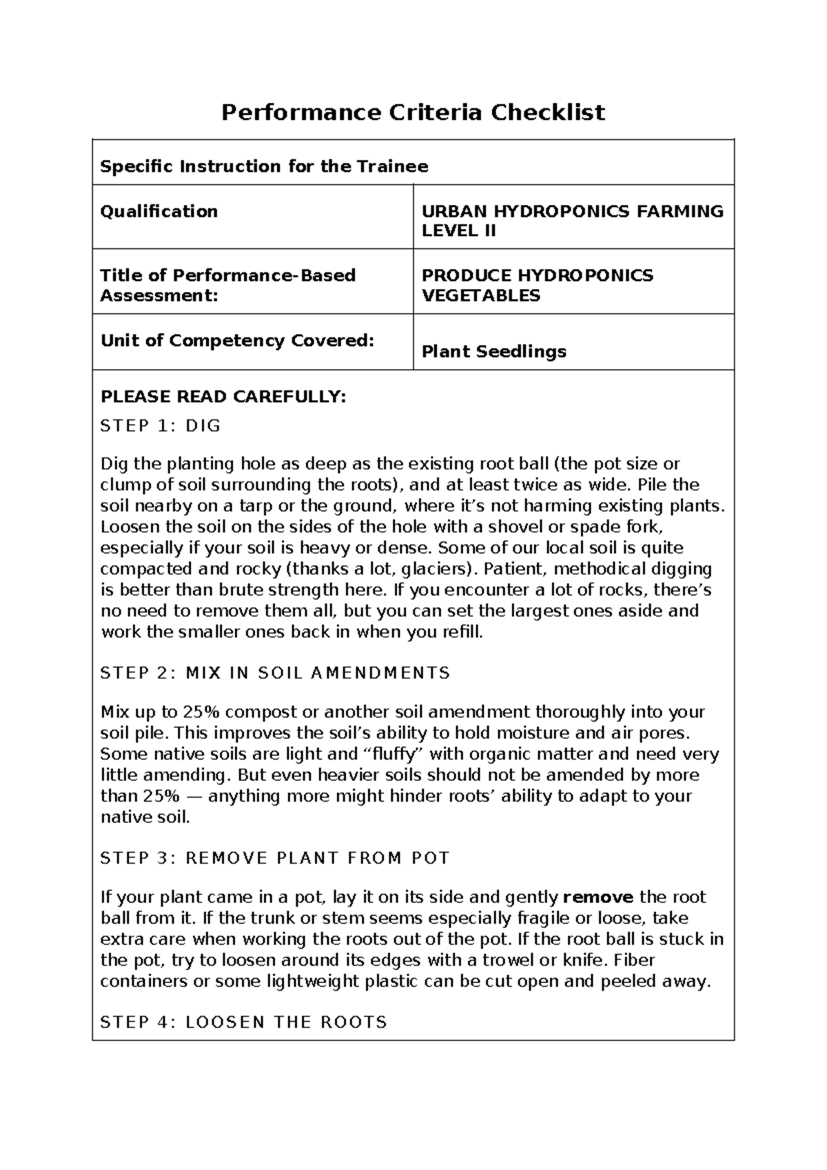 performance criteria - Performance Criteria Checklist Specific Instruction for the Trainee - Studocu