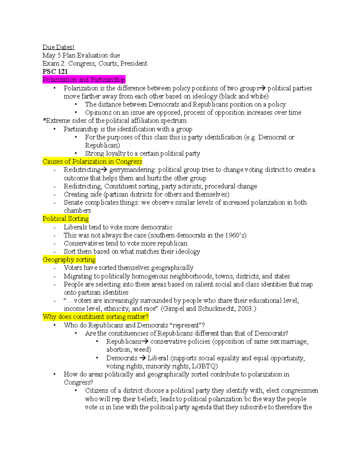 PSC 121 Notes - Due Dates! May 5 Plan Evaluation due Exam 2: Congress ...