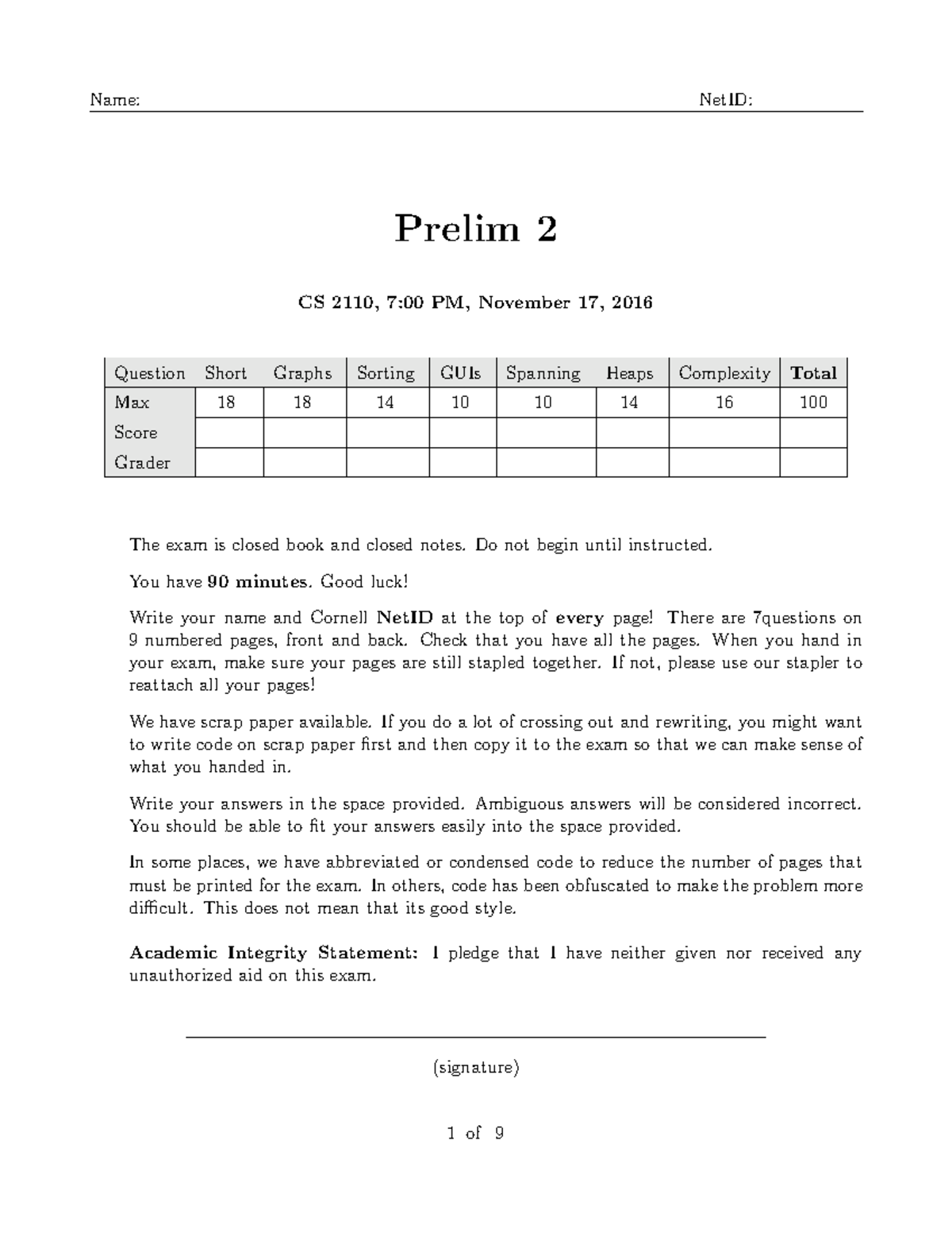 P2cs2110fa16b - Past Prelim 2 from CS 2110 taught by Professor David ...