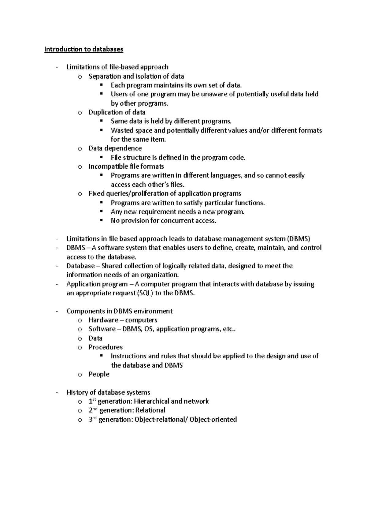 Introduction To Databases Notes Introducon To Databases Limitaons Of File Based Approach