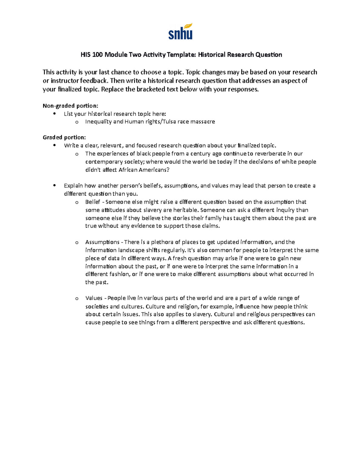 HIS 100 Module Two Activity Research Question Template - HIS 100 Module ...