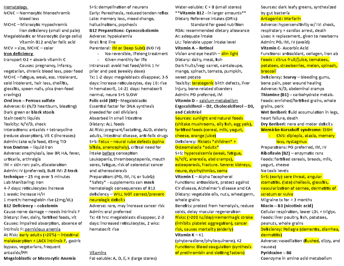 Exam 3 - Heme-Vitamins-GI-Antimicrobials - Hematology NCNC – Normocytic ...