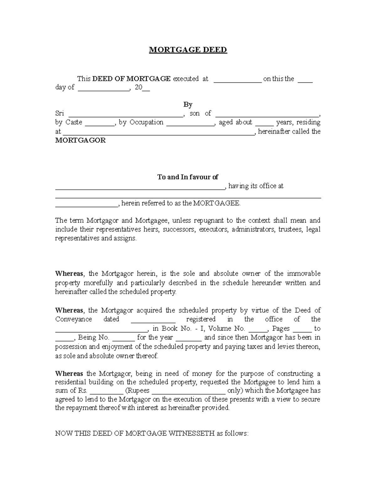 Model Simple Mortgage Deed - MORTGAGE DEED This DEED OF MORTGAGE ...
