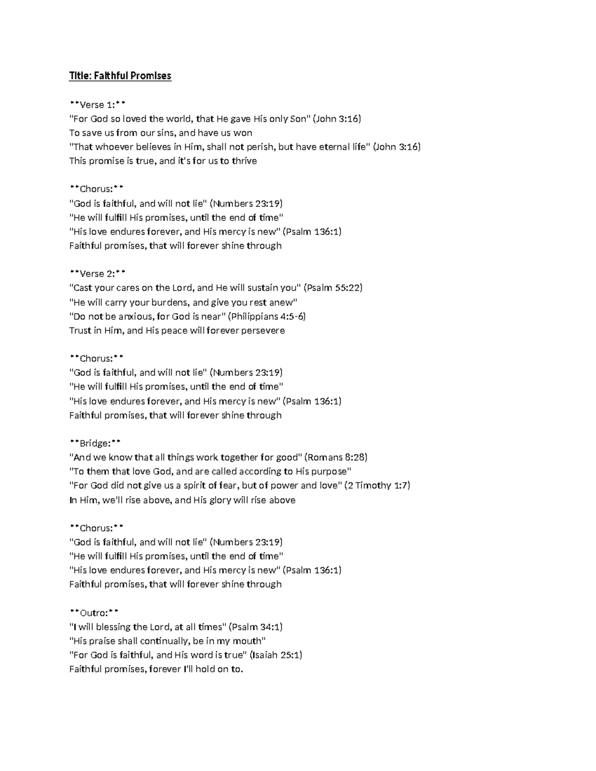 Song - MUSIC - Title: Faithful Promises Verse 1: "For God so loved the ...