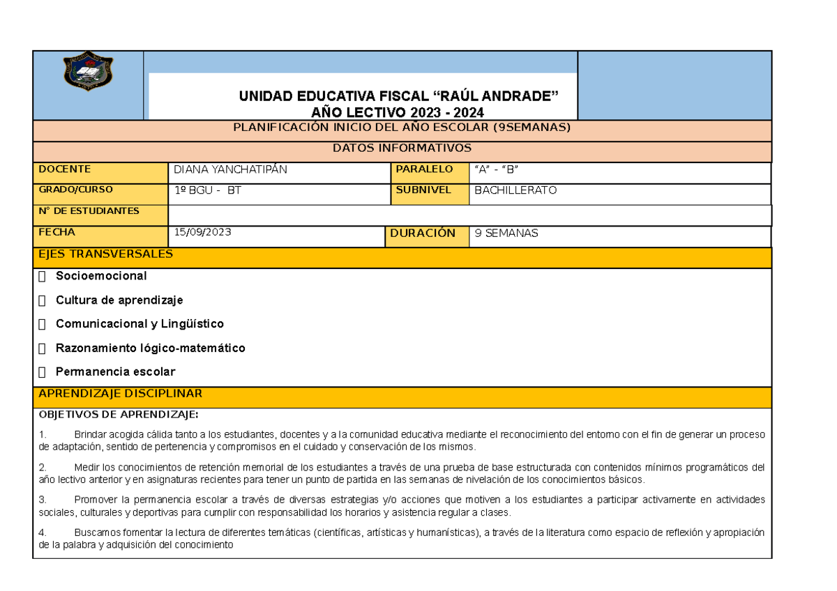 Micro PLAN 9 Semanas 10mo - UNIDAD EDUCATIVA FISCAL “RAÚL ANDRADE” AÑO ...