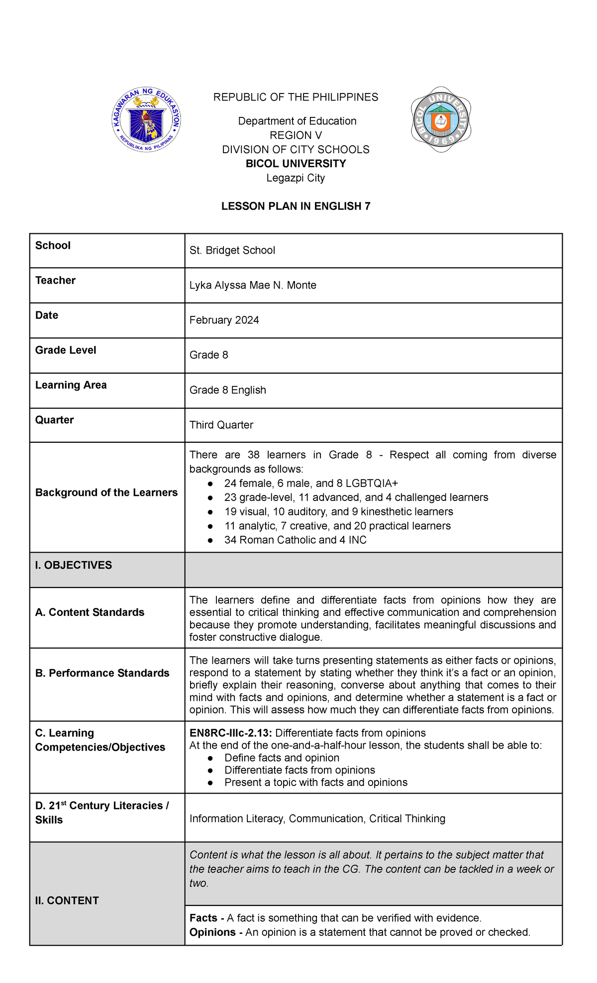 LP on Speaking Comprehension - REPUBLIC OF THE PHILIPPINES Department ...