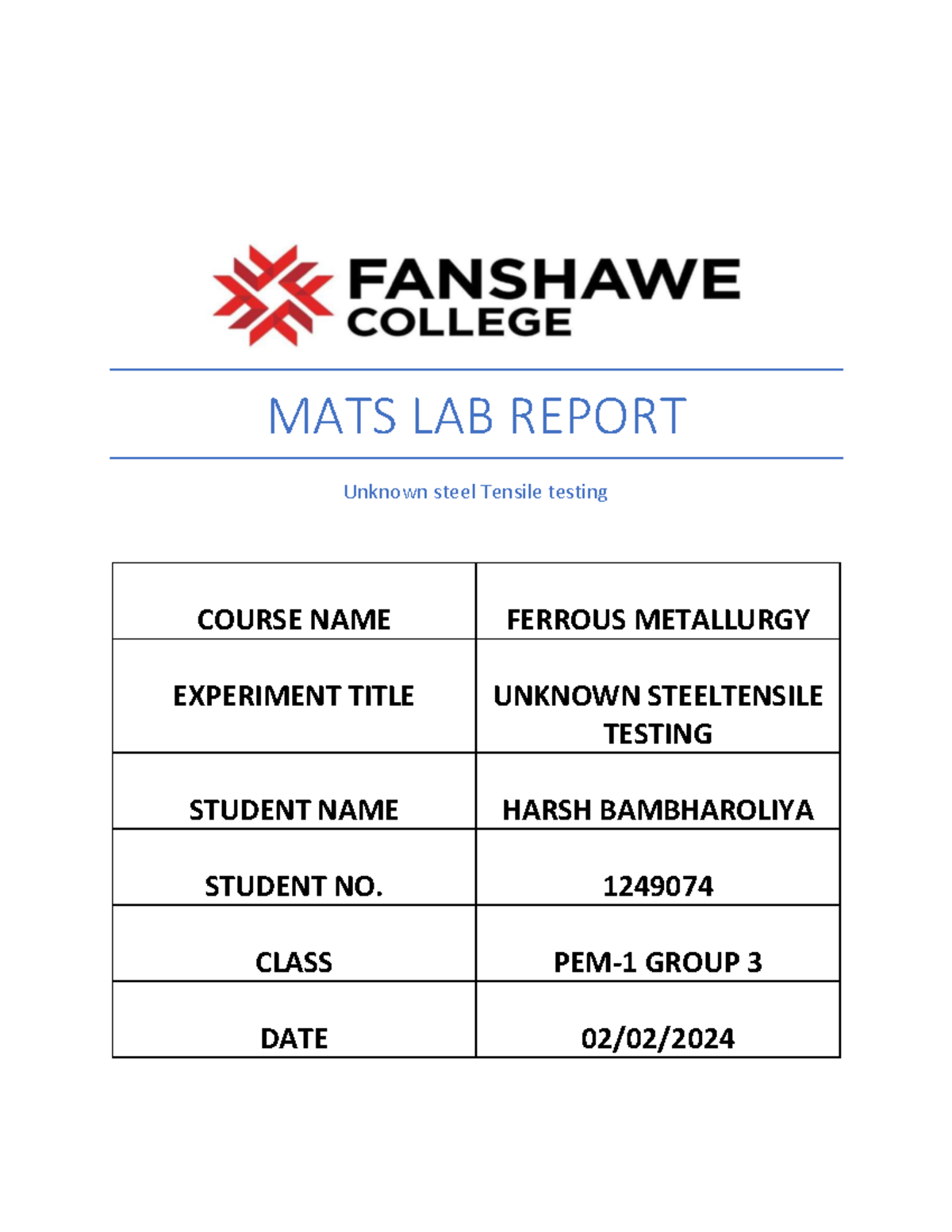 Unknown steel tensile testing lab 6 - MATS LAB REPORT Unknown steel ...