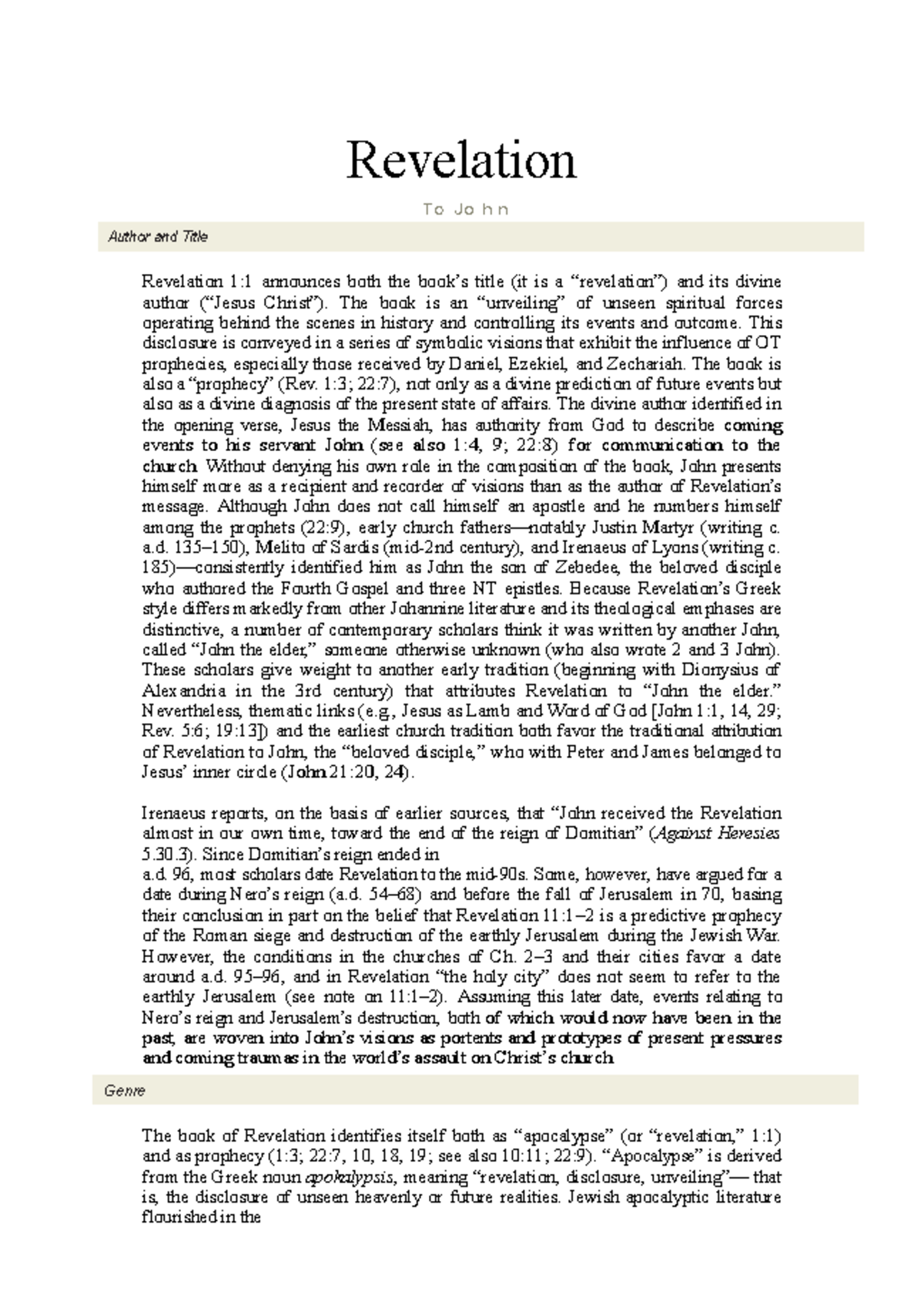 Revelations Workshop 6 (Notes) - Revelation To Jo h n Revelation 1:1 ...