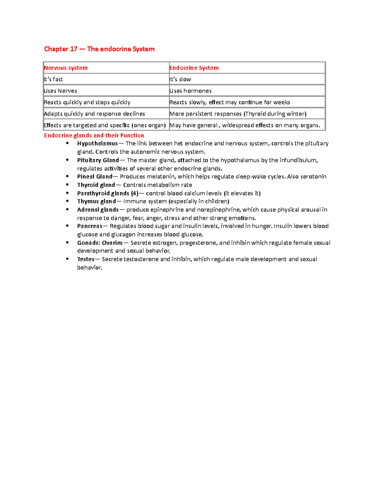 The endocrine System - lecture notes ( Professor Leo) - Chapter 17 ...